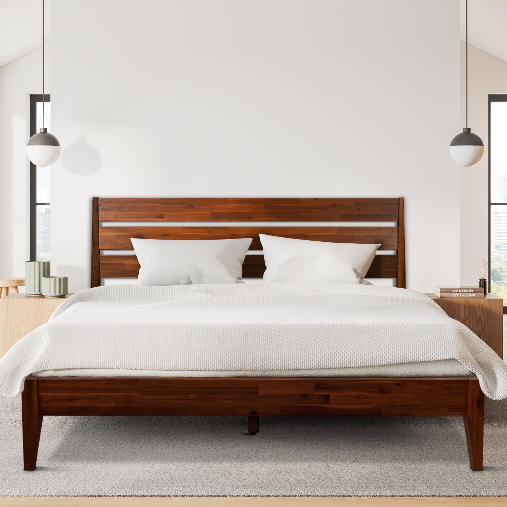Amazon.com: Acacia Emery Bed Frame with Headboard Solid Wood Platform ...