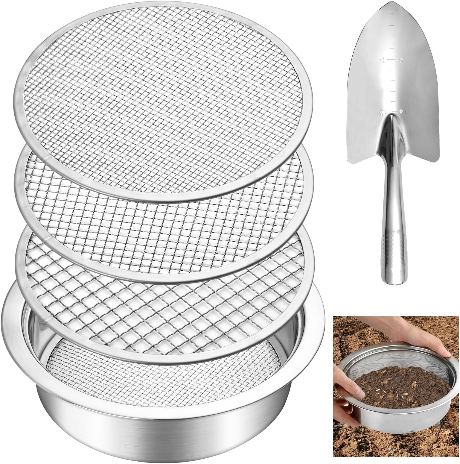 Amazon.com : Soil Sifter Stainless Steel Set with 3 Sieve Mesh for ...