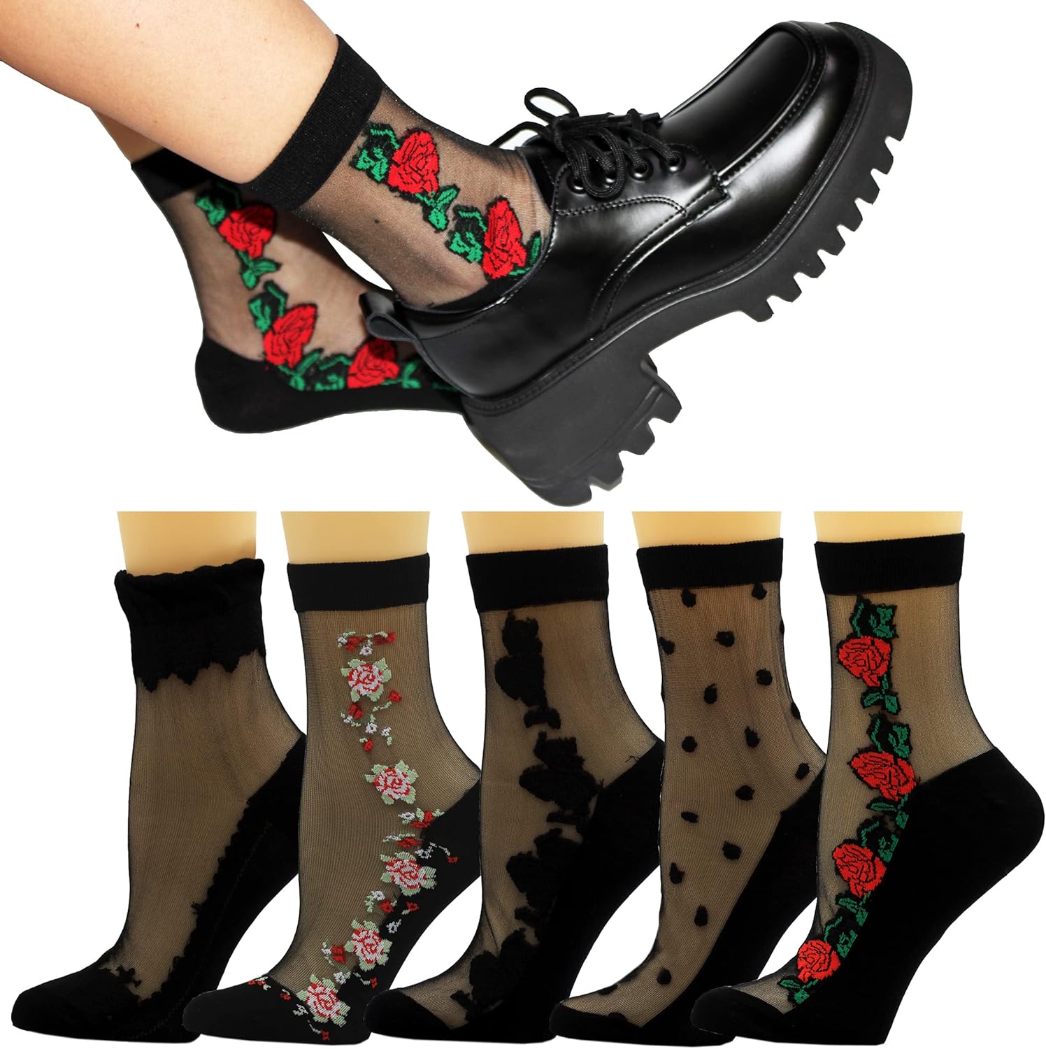Amazon.com: XTBPQMX Womens Sheer Socks 5 Pairs Fashion Vintage Flower ...