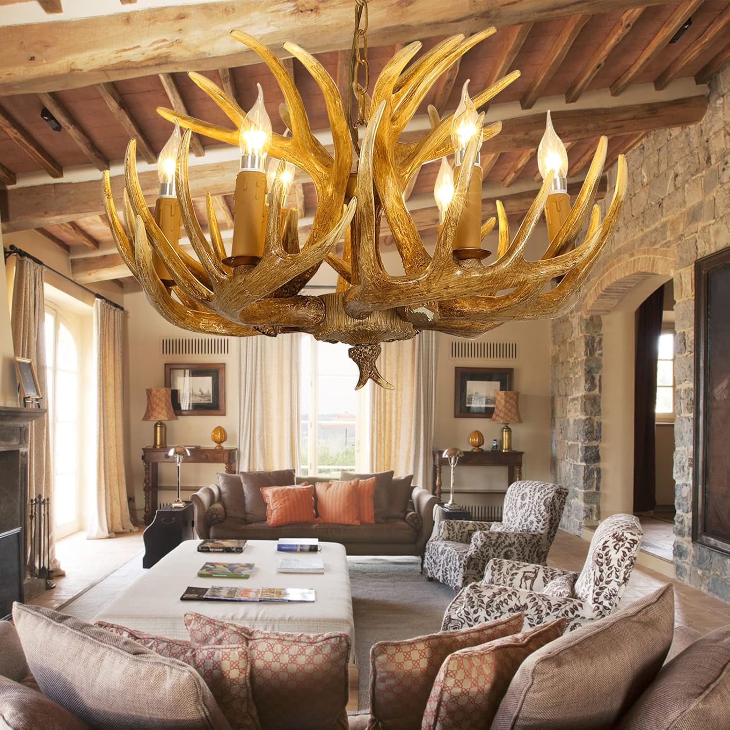 QHYAH Rustic Antler Chandelier, 6-Light + 9 Antlers, Vintage Style ...