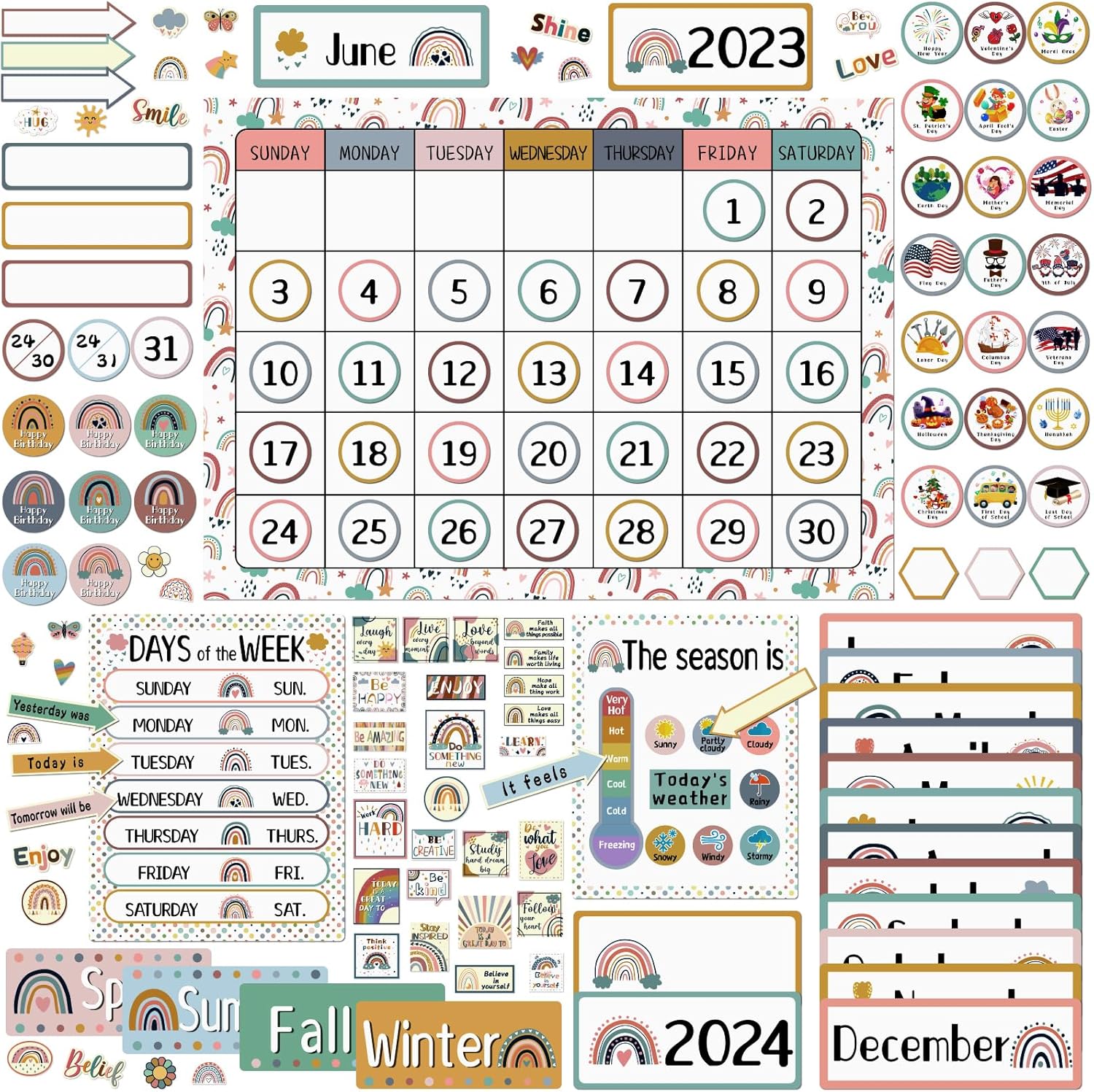 Amazon.com: 144 Boho Rainbow Calendar Bulletin Board Set with Seasons ...