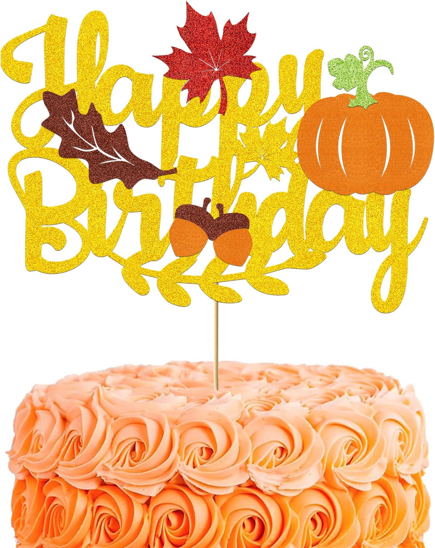 Amazon.com: 1 PCS Pumpkin Happy Birthday Cake Topper Glitter Maple Leaf ...