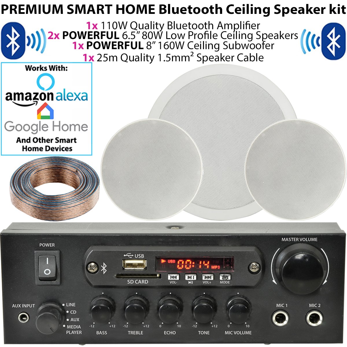 Buy SMART HOME BLUETOOTH SPEAKER & SUB KIT – 2x 80W Low Profile Ceiling ...
