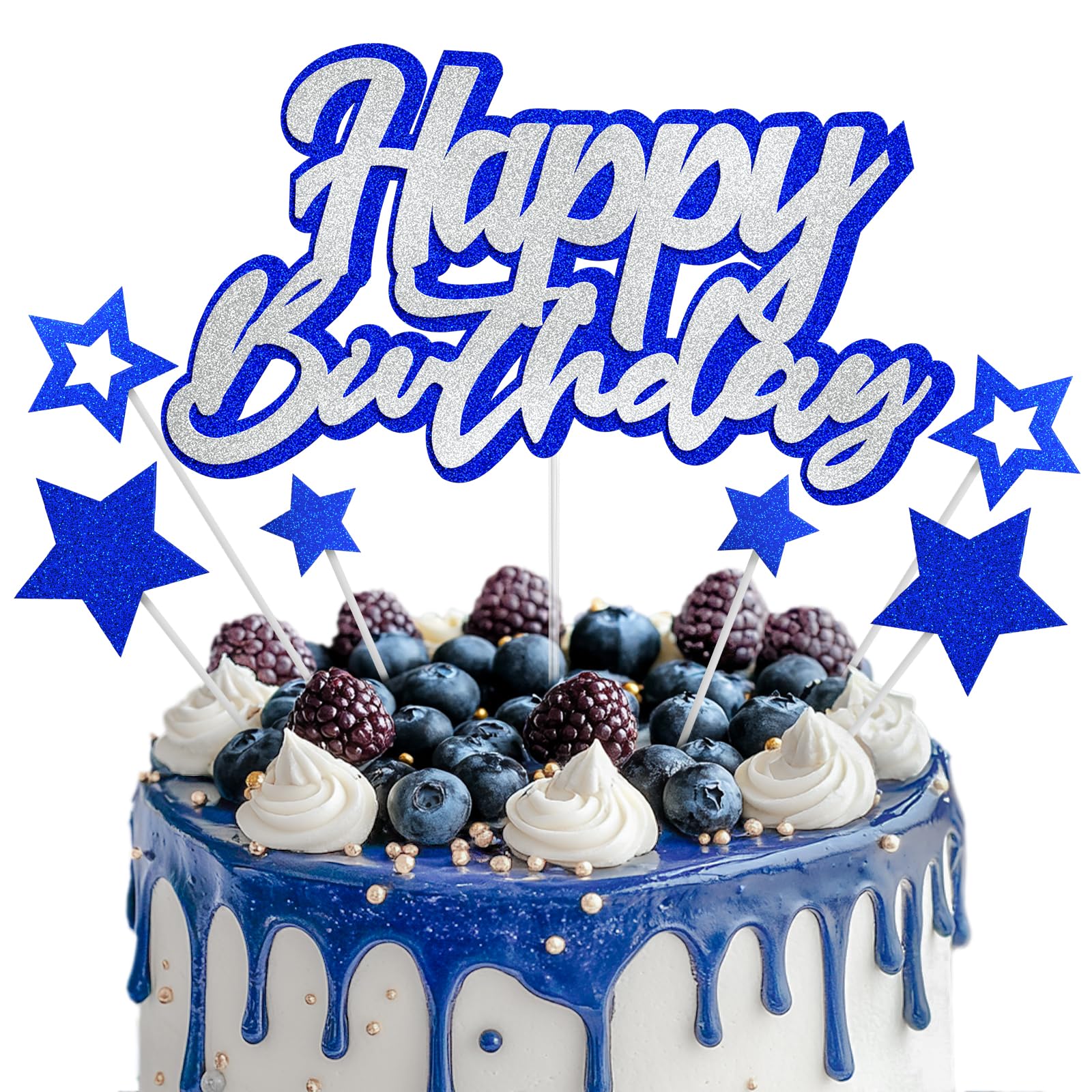 Amazon.com: Happy Birthday Cake Topper Silver Blue Glitter Cake ...
