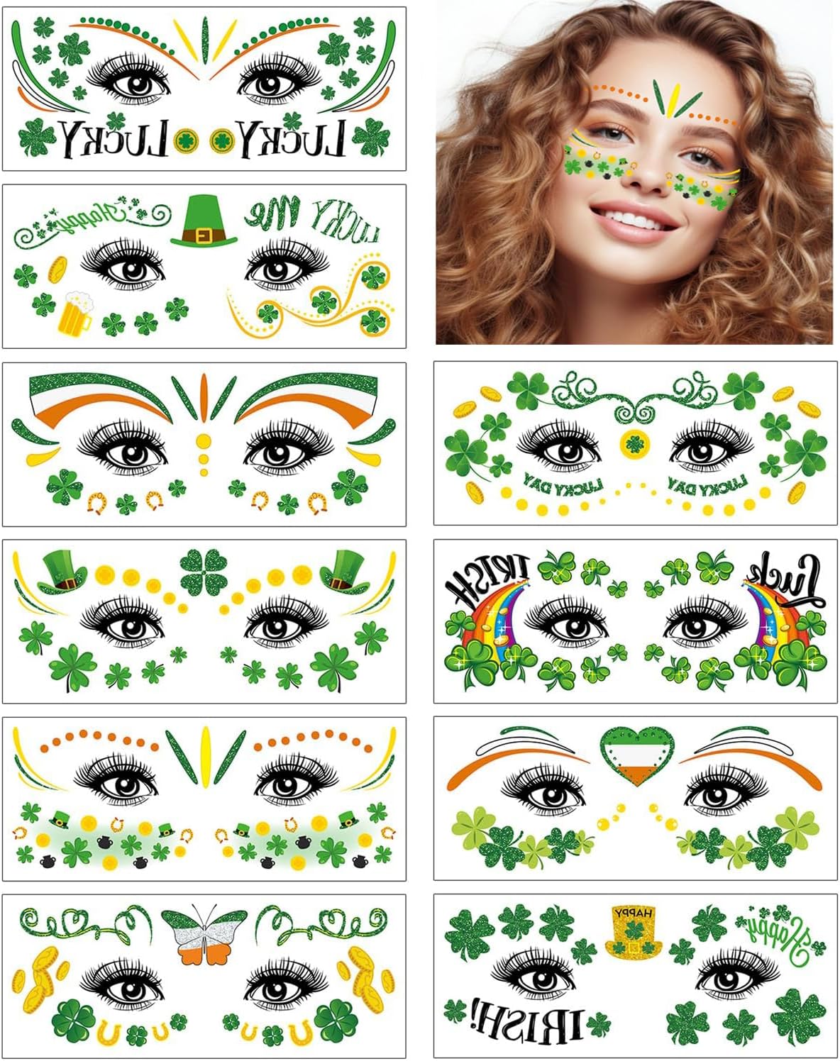 Amazon.com : EVECILOO 10 Pcs St Patricks Day Face Tattoos, Shamrock ...