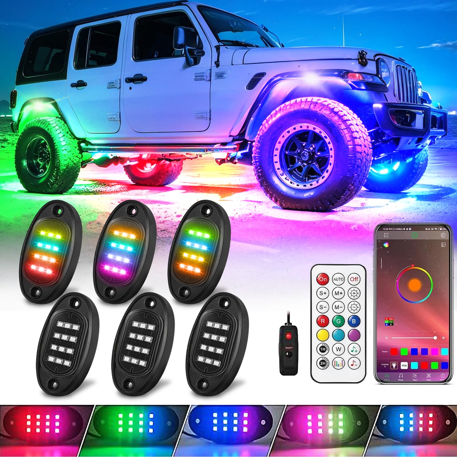 Snapklik.com : 6 Pods RGB+IC LED Rock Lights For UTV ATV Golf Cart ...