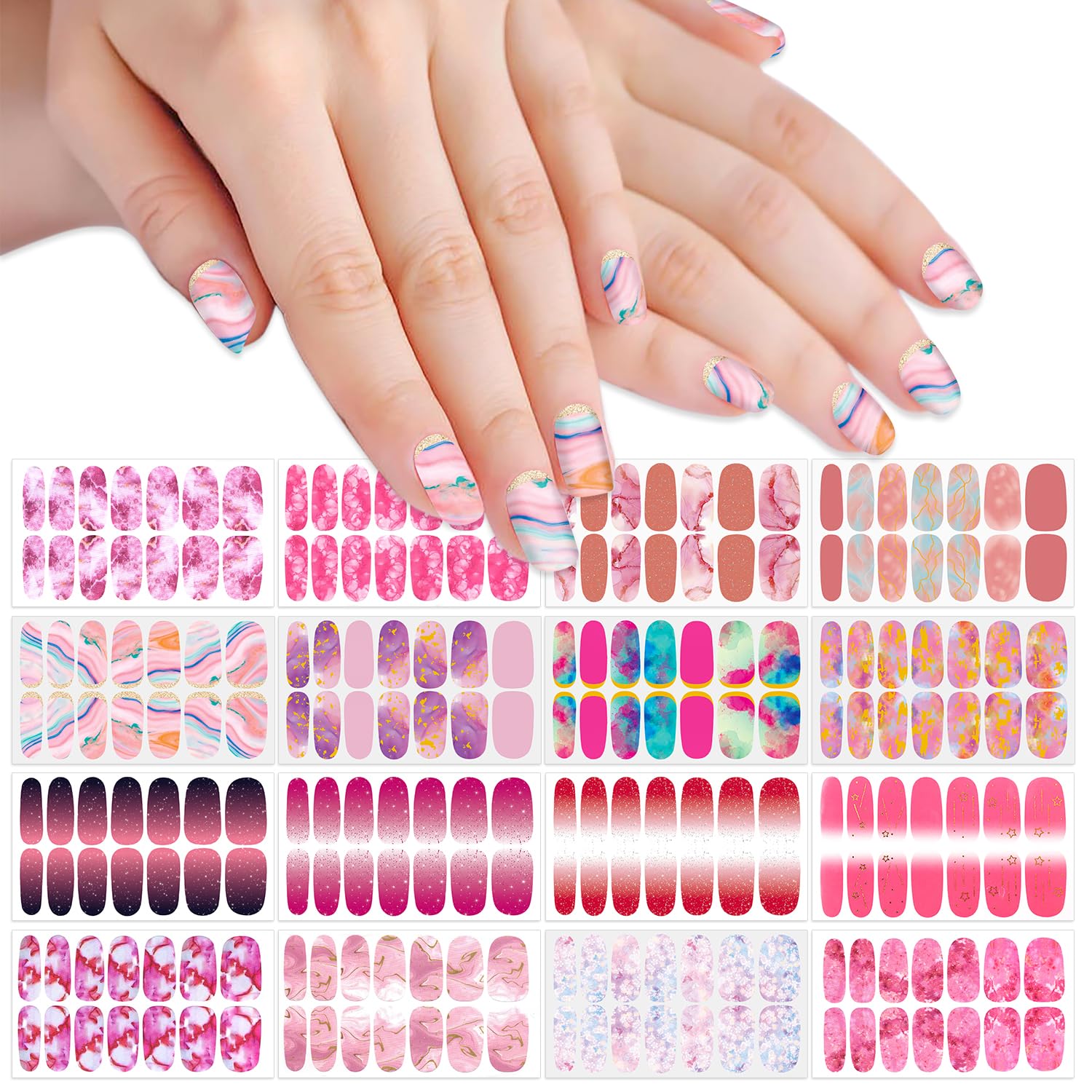 Amazon.com: SILPECWEE 16 Sheets Pink Nail Polish Stickers Full Nail ...