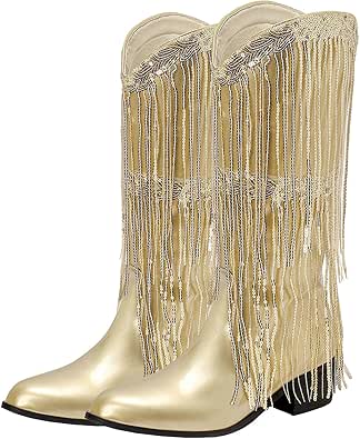 Amazon.com | Meefit Women Metallic Cowboy Boots Glitter Fringe Cowgirl ...