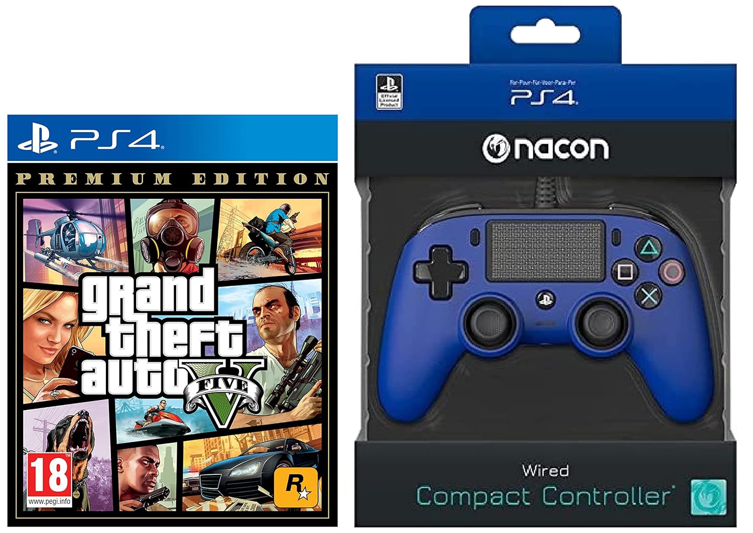 Buy Grand Theft Auto V - Premium Edition (PS4)+Nacon Wired Compact Controller for PS4 (Blue ...