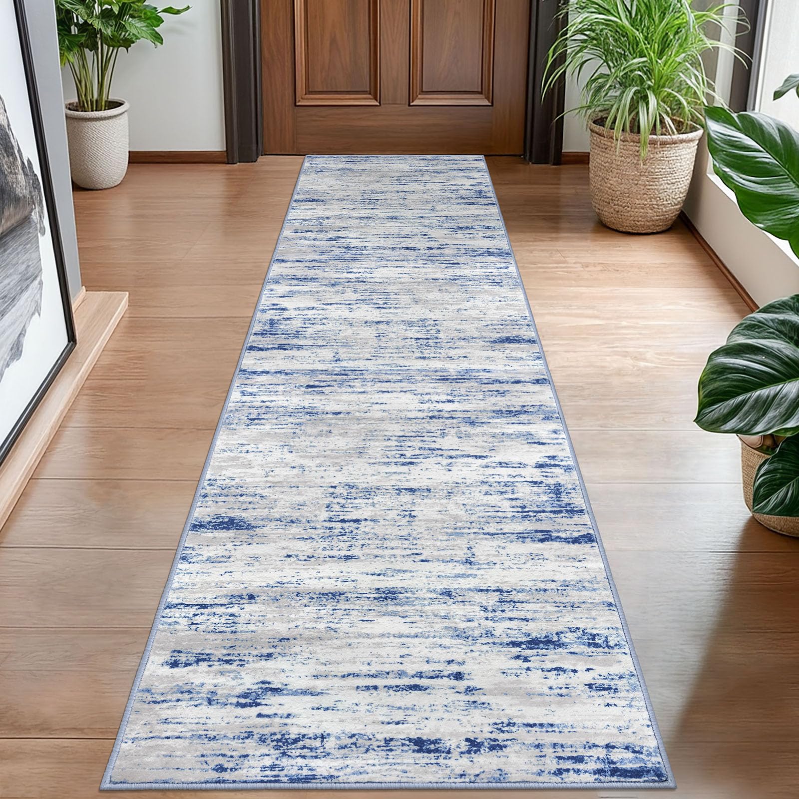 Amazon.com: Lansny Modern Abstract Hallway Runner Rug, Blue White ...