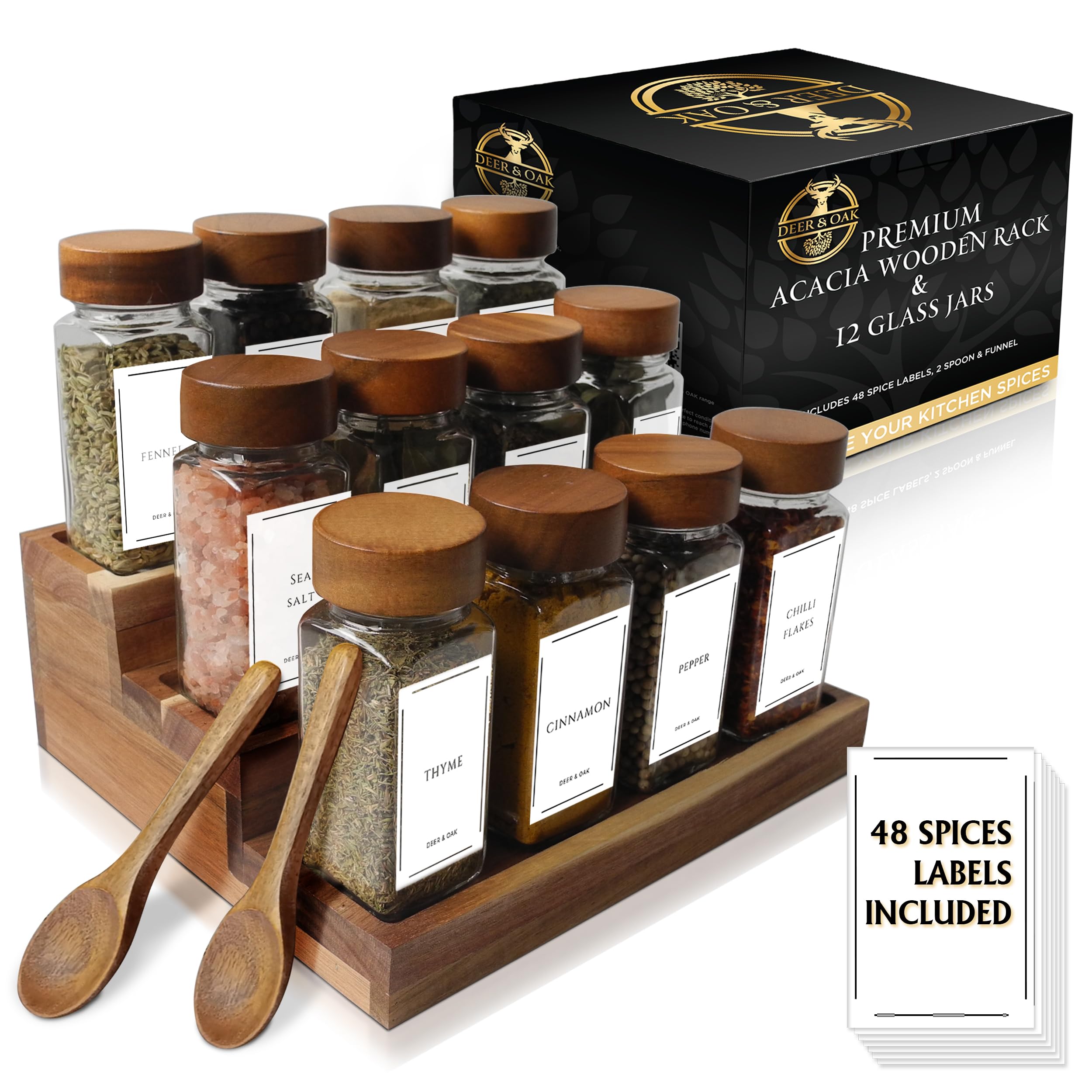 Deer & Oak Premium Spice Rack Made in Acacia - Spice Rack with 12 Jars ...