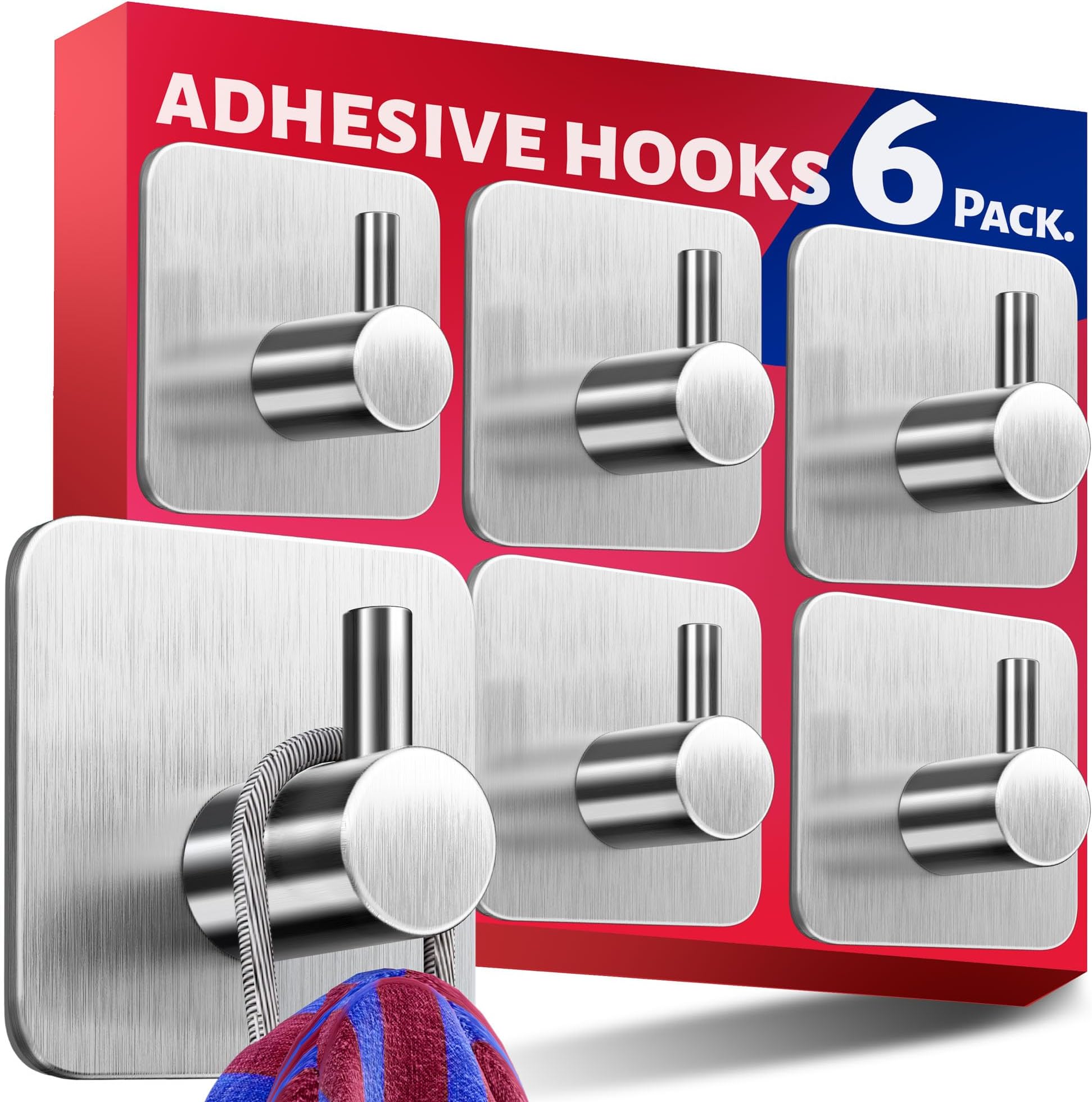 Aikzik Self Adhesive Hooks, Set of 6 Stainless Steel Hooks – Strong ...