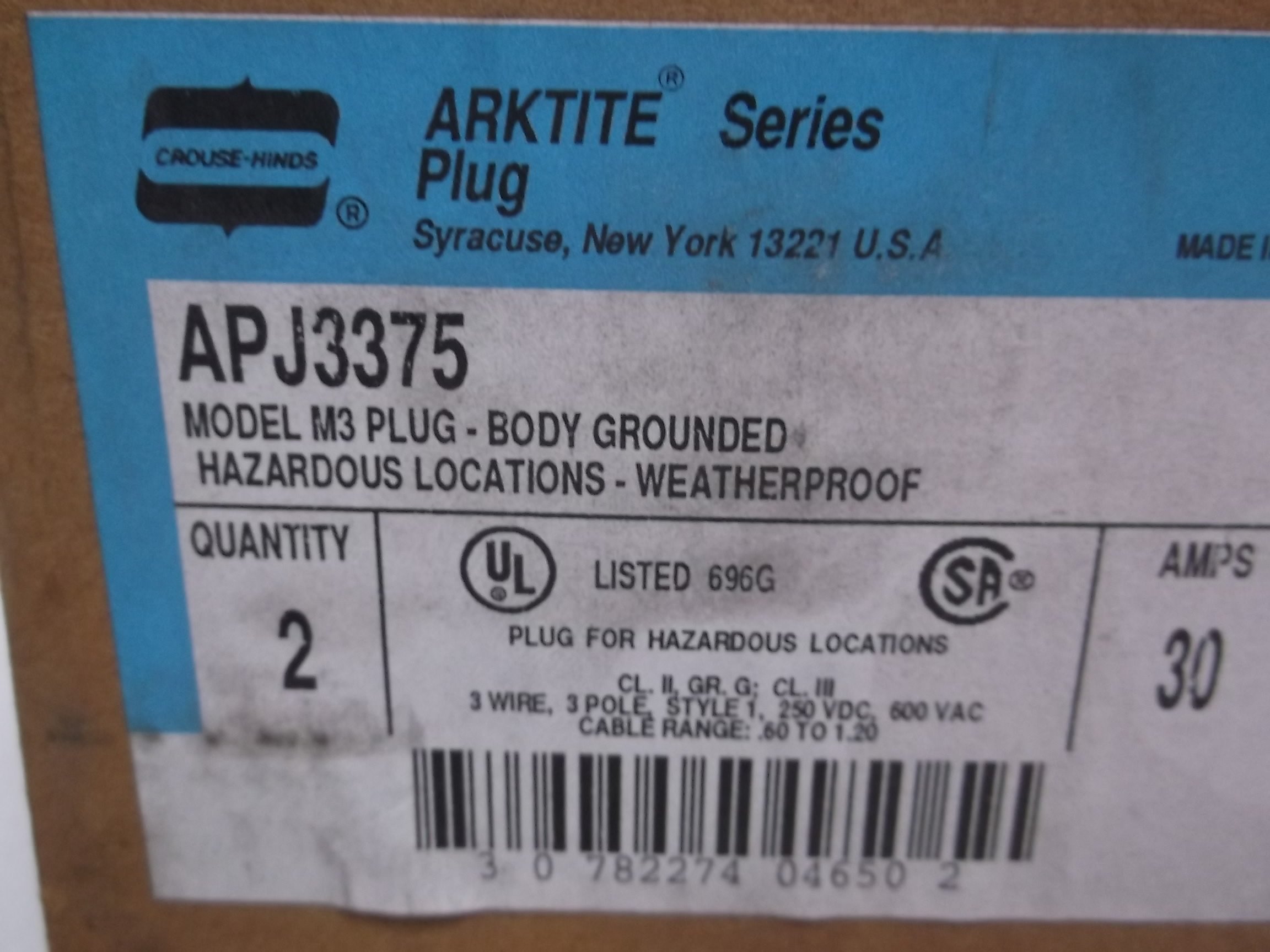 CROUSE HINDS APJ3375 M3 ARKTITE 600V-AC 30A AMP PLUG 3W 3P: Amazon.com ...