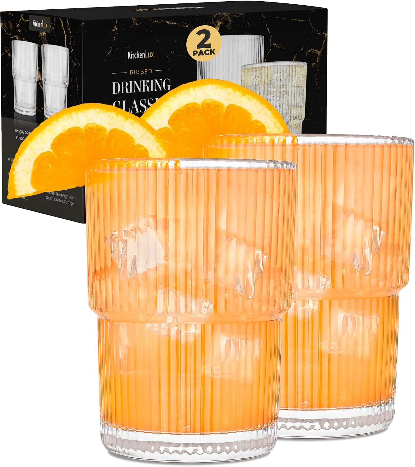 Amazon.com | Kitchen Lux Ribbed Drinking Glasses - Ribbed Glass Cups 15 ...
