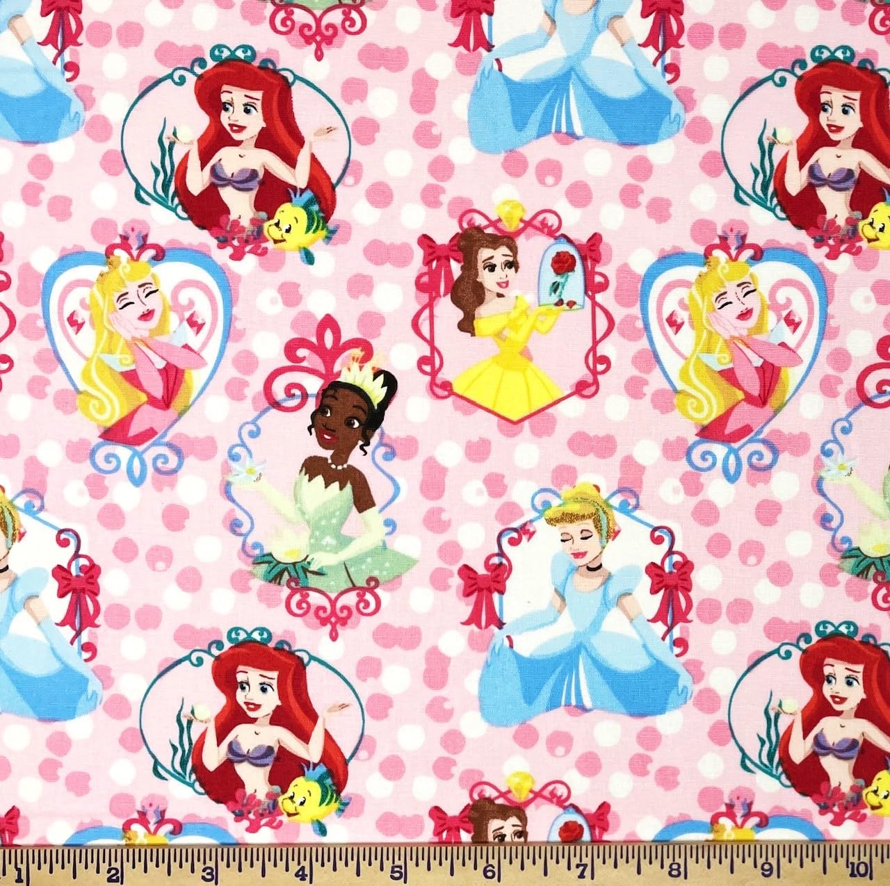 Amazon.com: 1 Yard - Princess Tossed on Pink Polka Dots Cotton Fabric ...