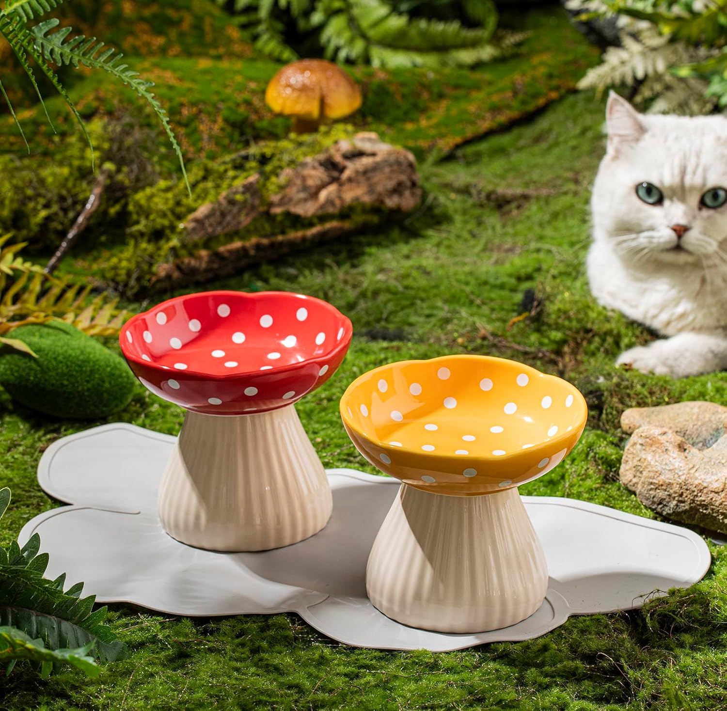 Amazon.com : RESVUGA Mushroom Raised Cat Bowl, Cute Polka Dot Safety ...