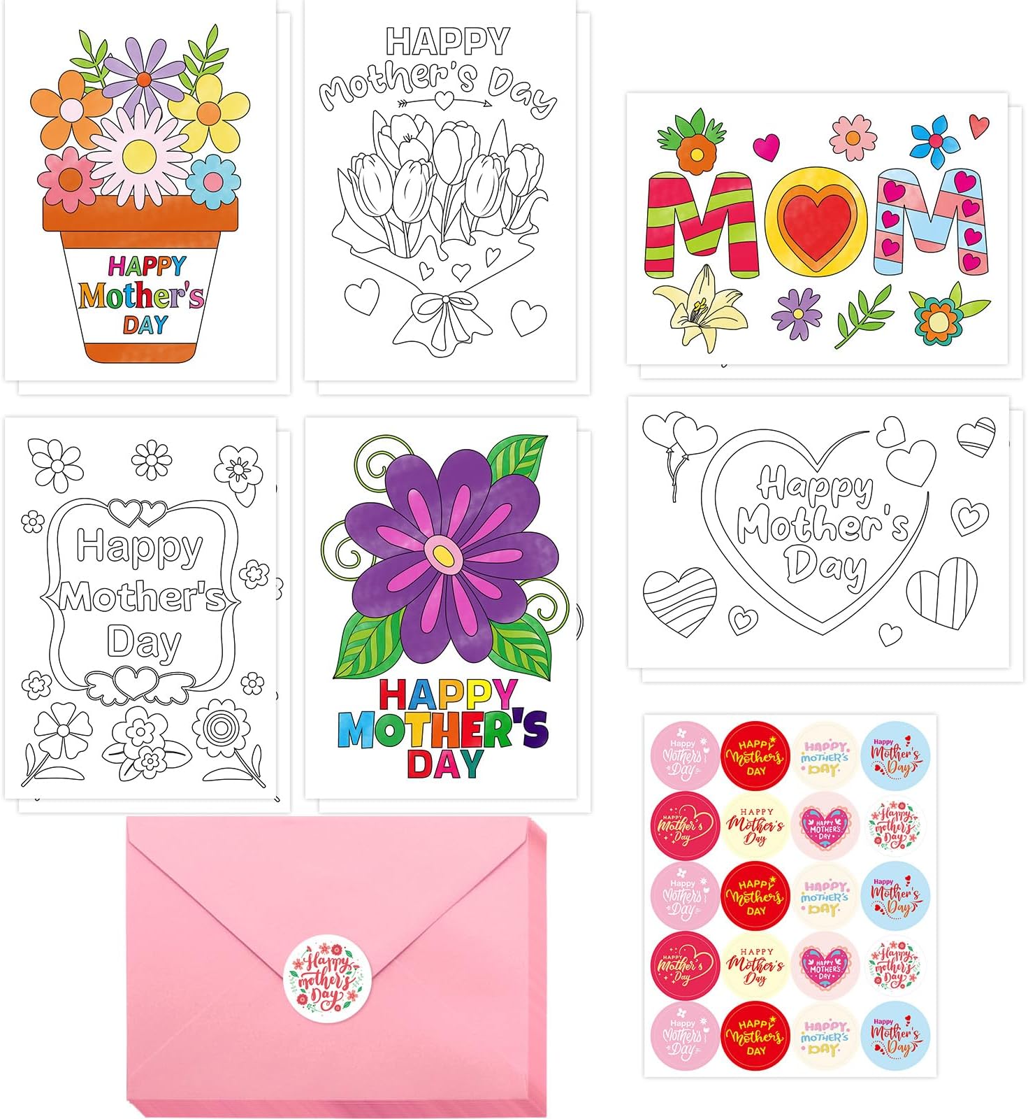 Amazon.com : WorldBazaar 12 Pack Mothers Day Coloring Cards Flowers ...