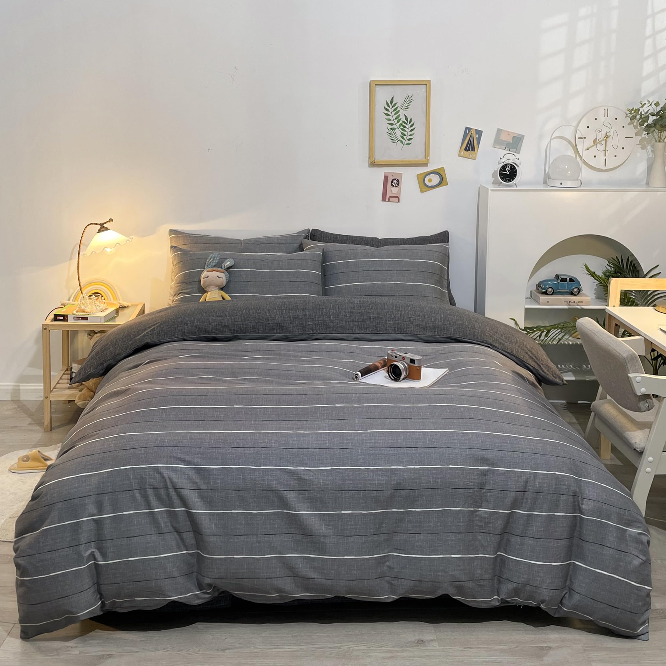 Amazon.com: Striped Gray Duvet Cover Set 3 Pieces Soft Bedding Cozy ...