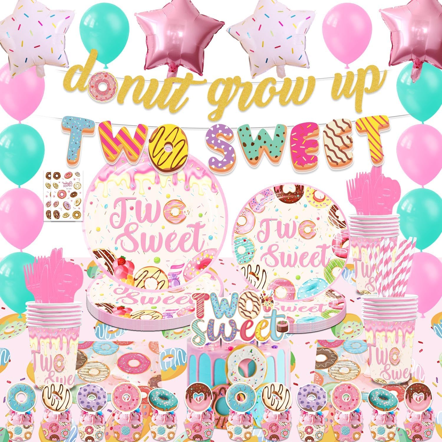 Two Sweet Birthday Party Supplies for 2 Year Old Girl, 150 Pcs Donut ...