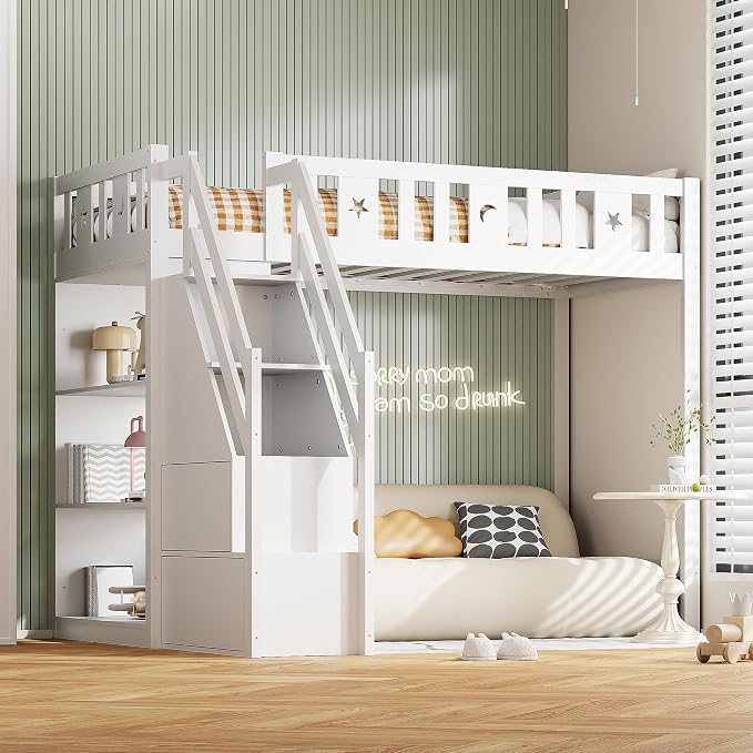 Merax Lit Mezzanine 90 x 200 cm, Multifonctionnel Lit Mezzanine 1 Place ...