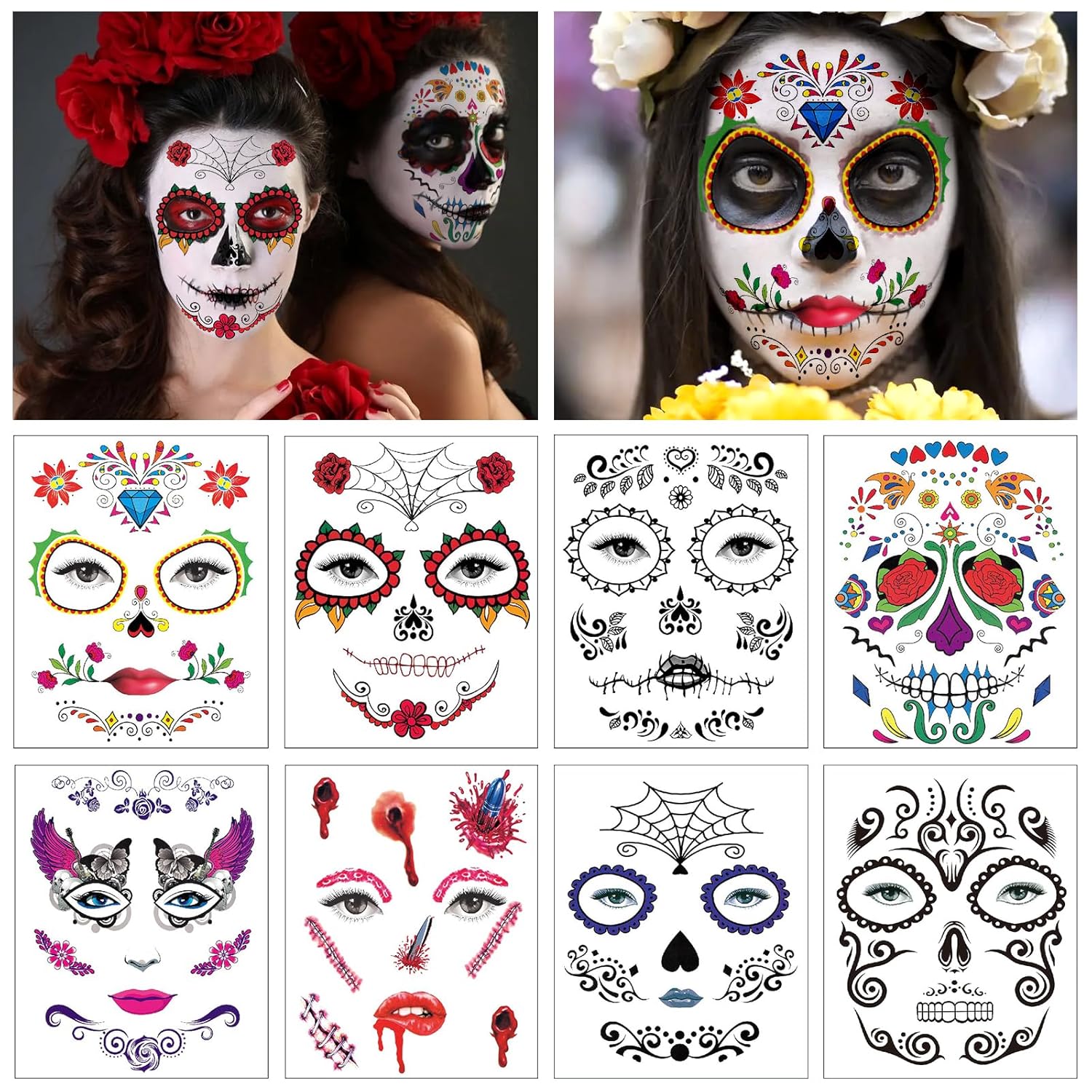 Amazon.com : 8 Sheets Face Temporary Tattoo Waterproof Makeup Tattoo ...