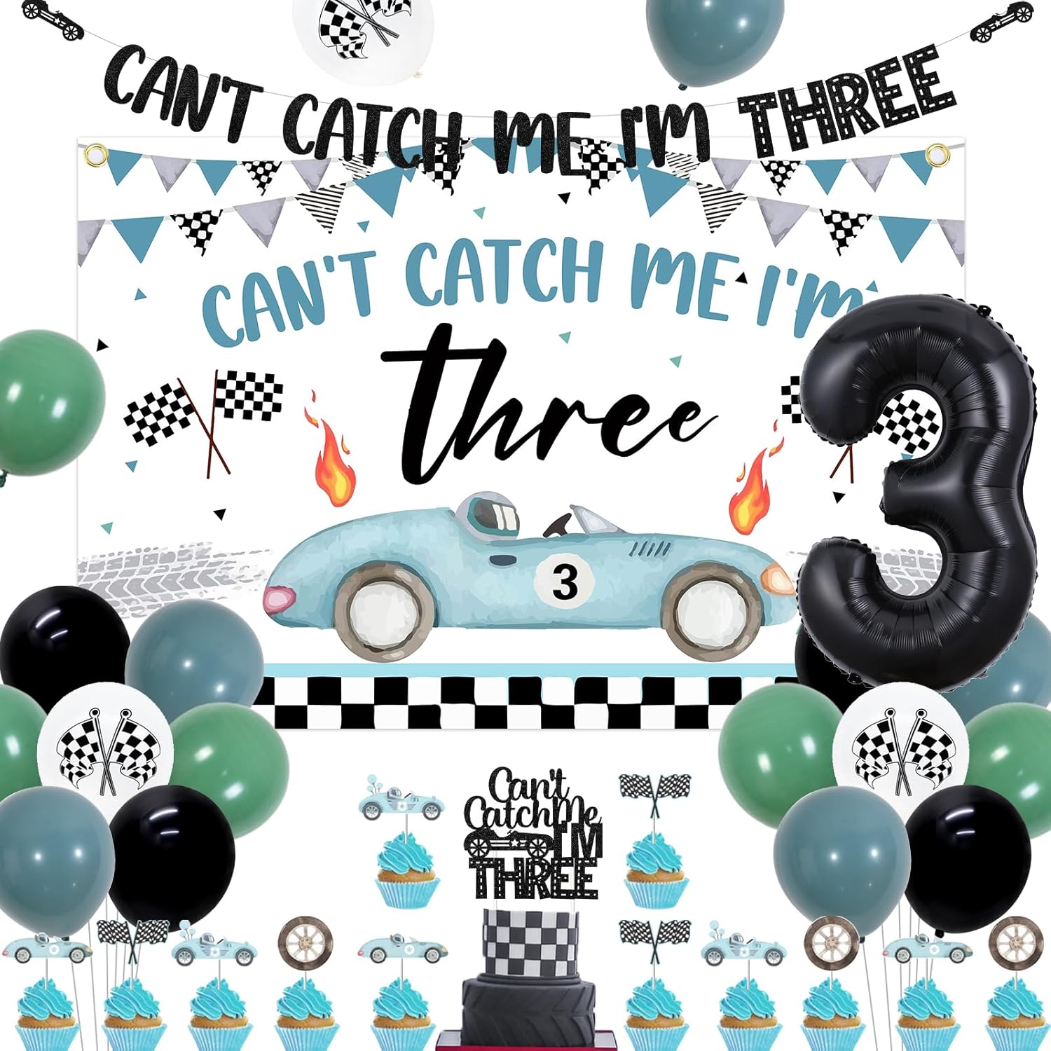 Amazon.com: Funmemoir Race Car 3rd Birthday Party Decoration Boy, Can't ...