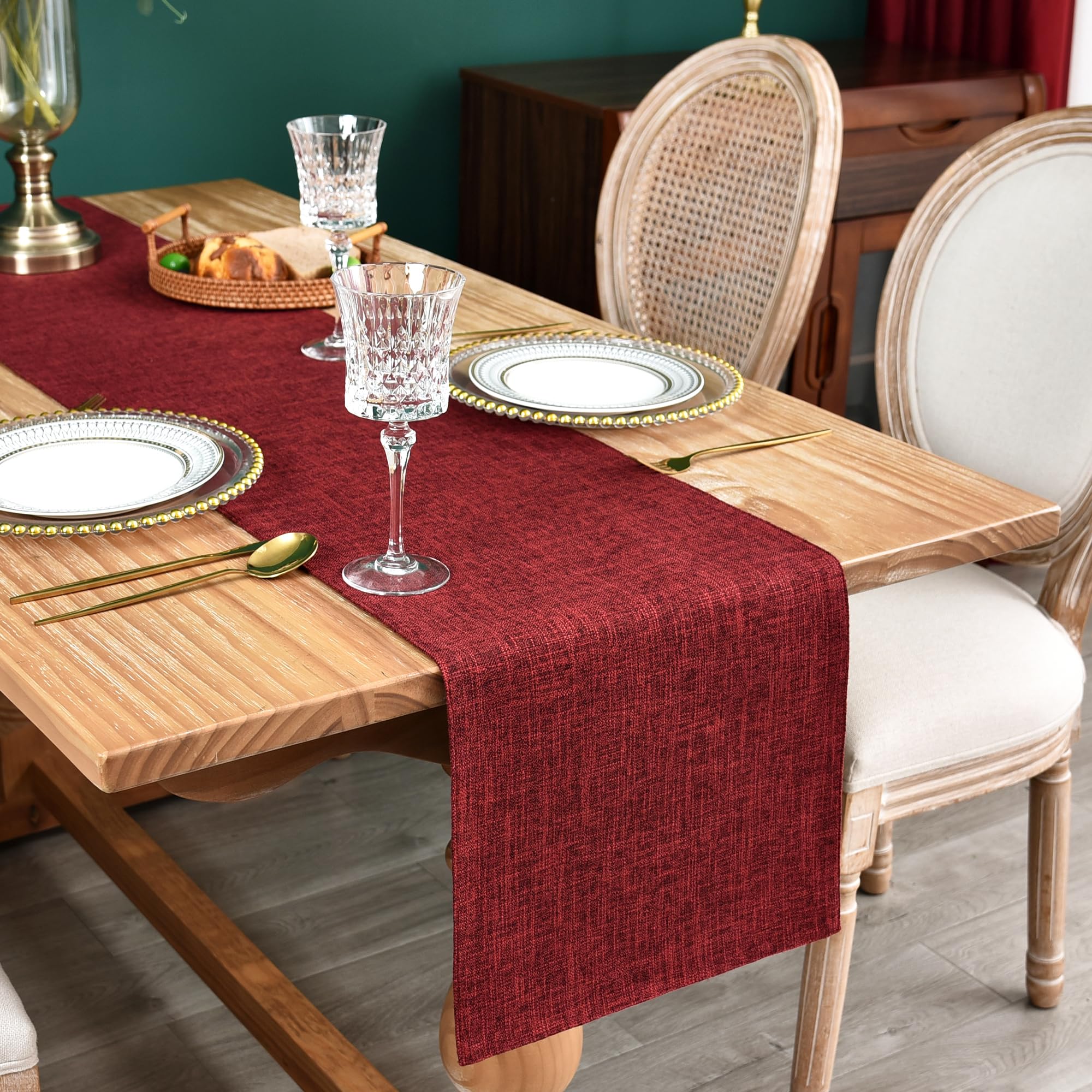 Amazon.com: Farmhouse Rustic Faux Linen Table Runner Neutral Burgundy ...