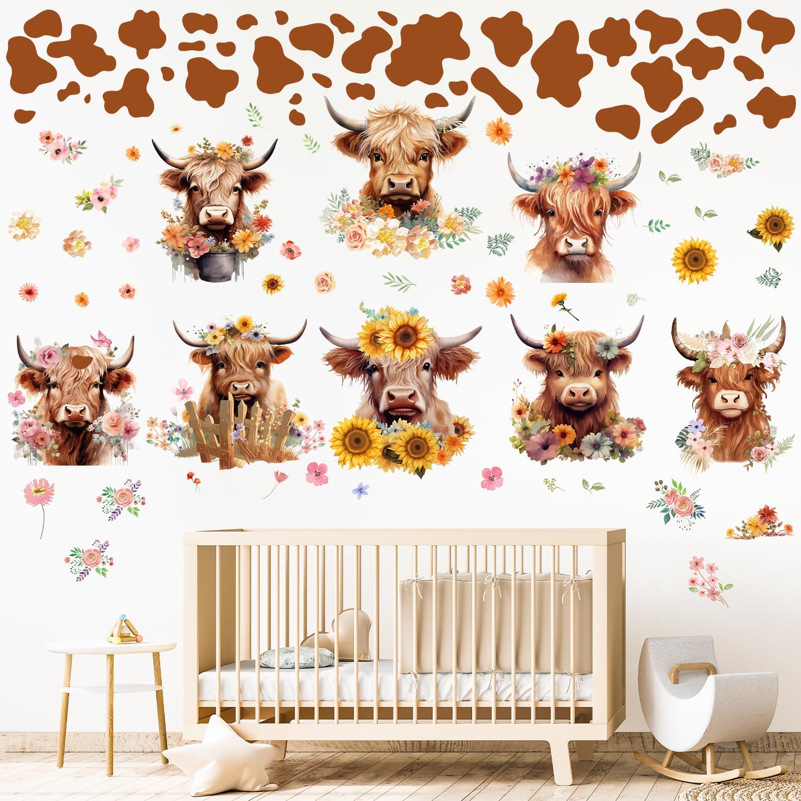 Amazon.com: Yinder 12 Sheet 78 Pcs Bear Highland Cow Wall Decals Baby ...