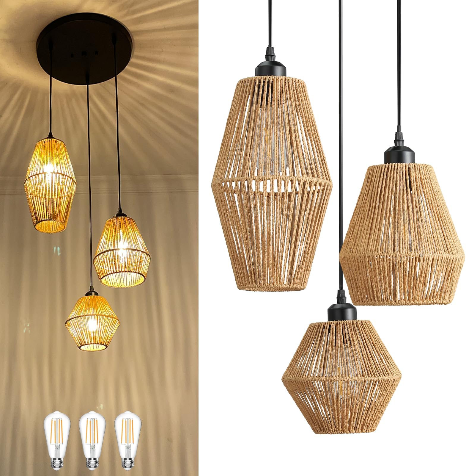 LAMSU 3 Lights Rattan Pendant Light, Farmhouse Dining Room Light ...