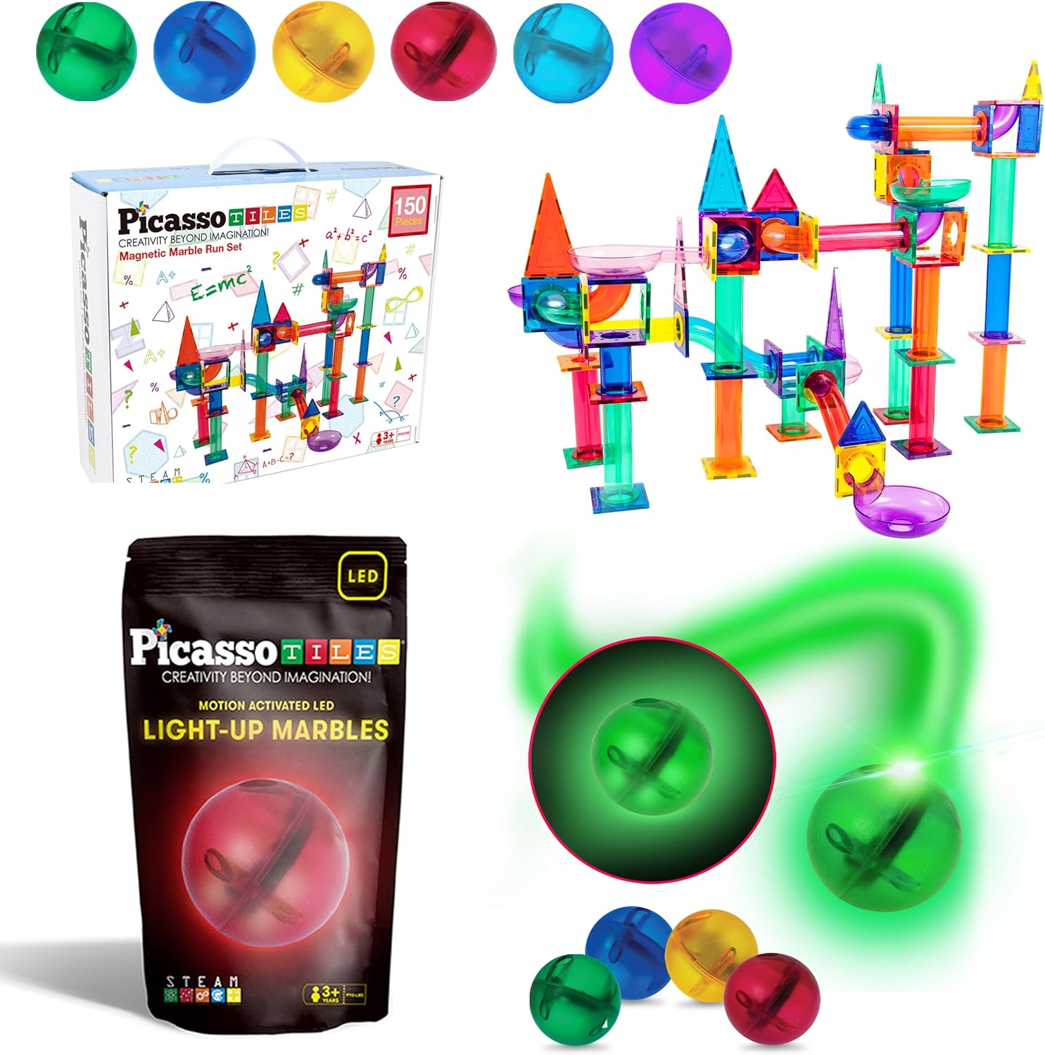 Amazon.com: PicassoTiles 150PC Marble Run Race Track + 4PC LED Light-Up ...