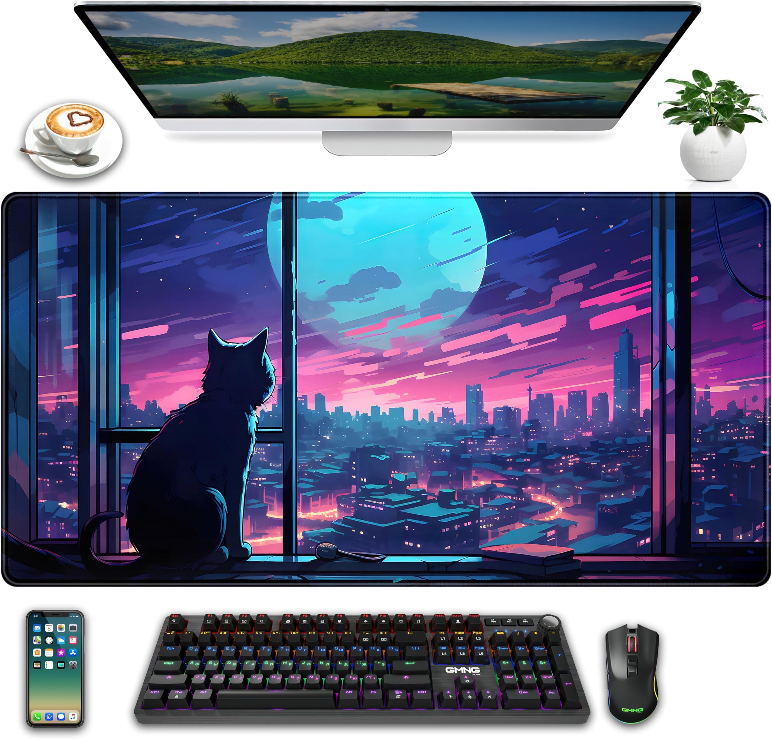 Amazon.com : Cool Purple Kawaii Anime Moom Cat Desk Mat XXL Large ...