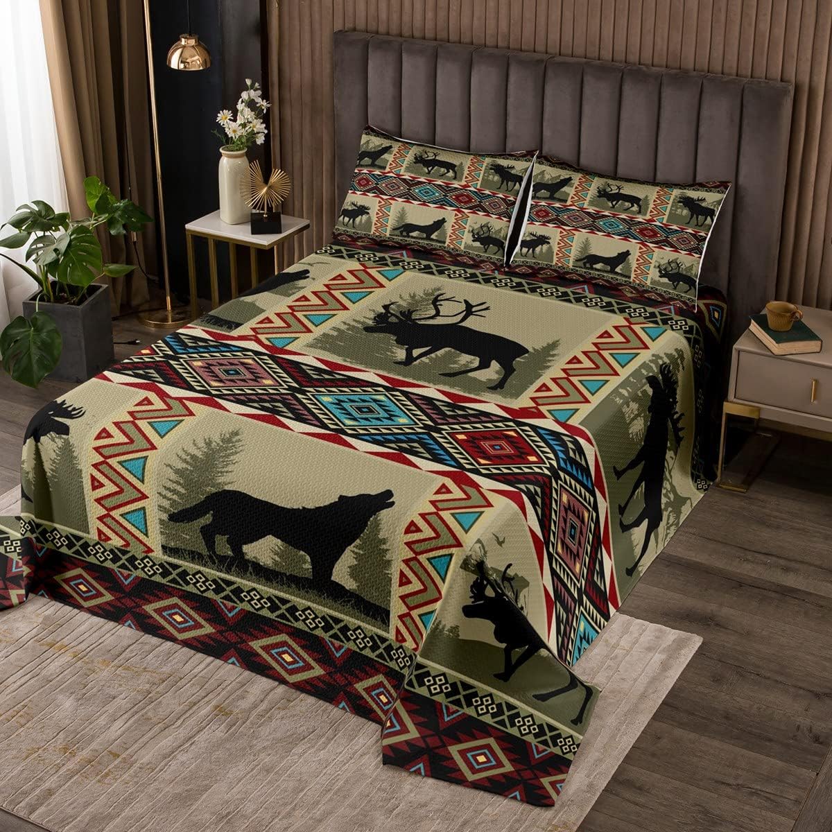 Amazon.com: Western Quilted Queen for Boys,Wolf Coverlet Set Reindeer ...