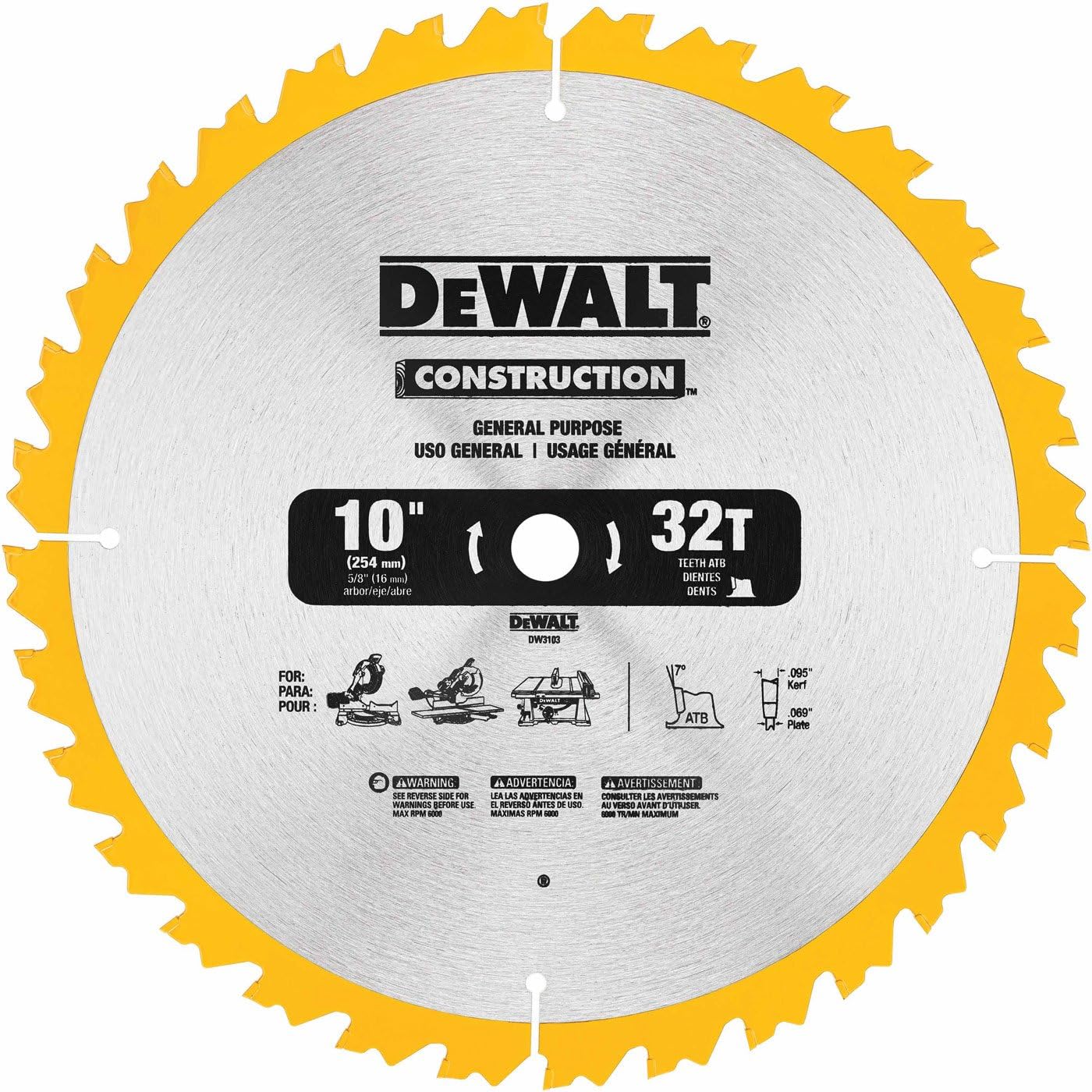 DEWALT DW3103 Series 20 10-Inch 32 Tooth ATB Thin Kerf General Purpose ...