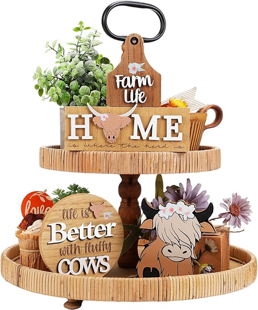 Amazon.com: Suzile 4 Pcs Highland Cow Tiered Tray Decoration Wooden ...