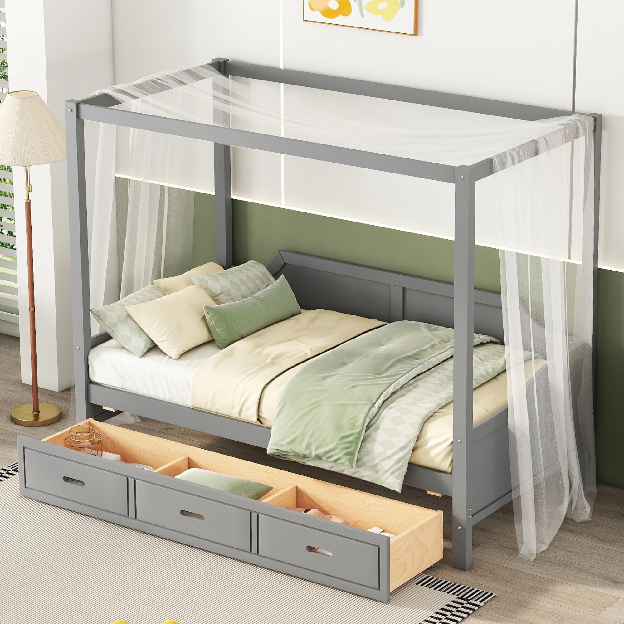 Amazon.com: Twin Size Canopy Bed Frame with 3 Storage Drawers,Wood ...