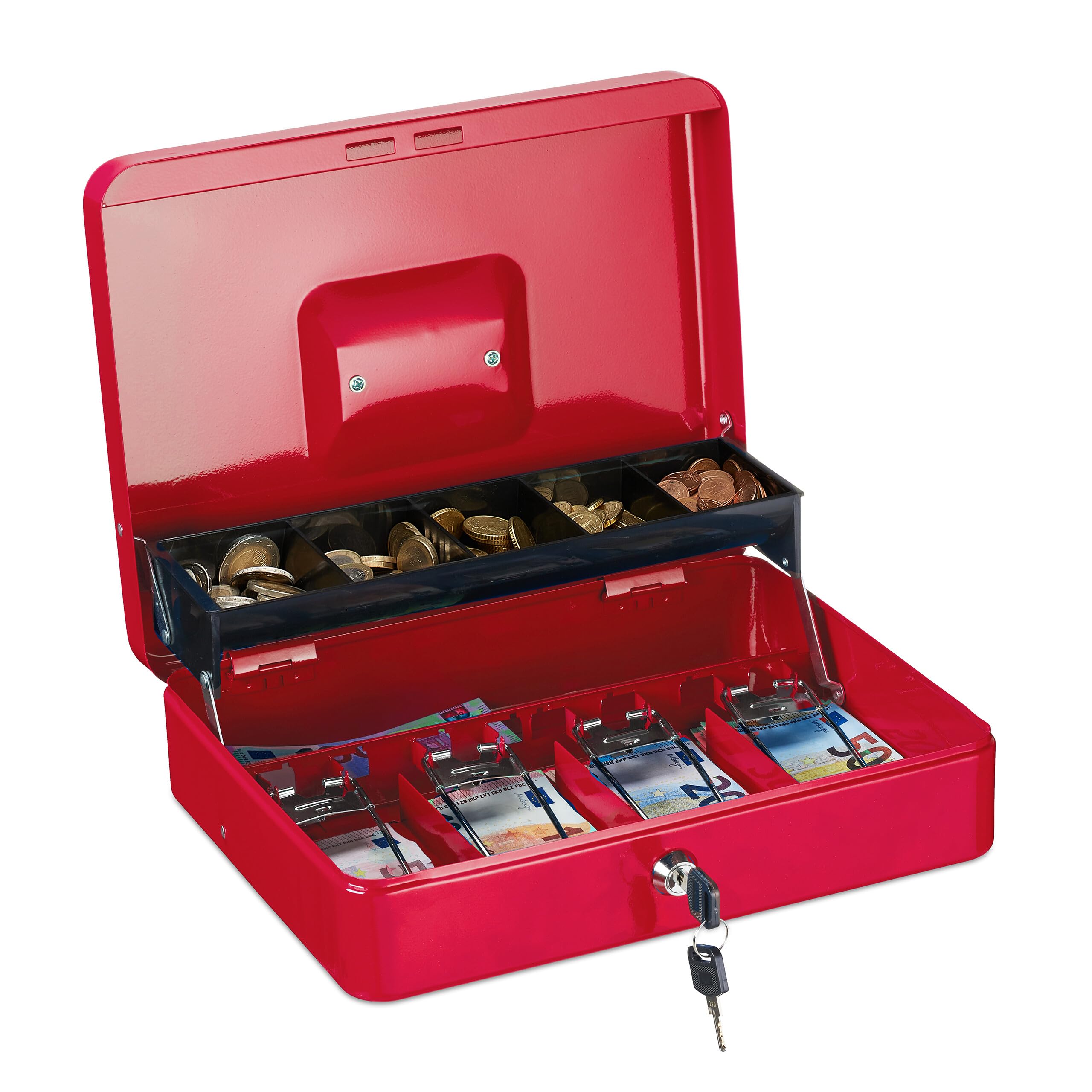 Relaxdays, Red Lockable Cash Box, Coin Insert & 4 Note Compartments ...