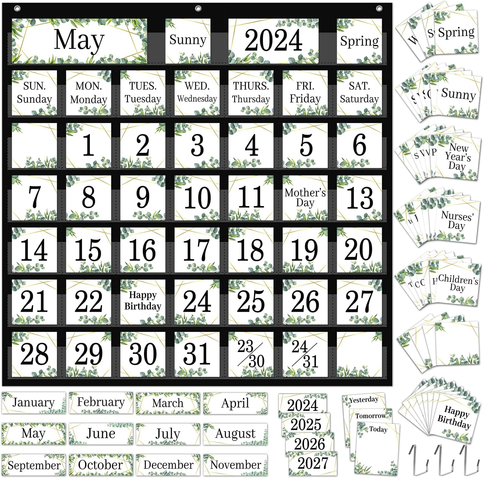 Amazon.com: QOUBAI 120Pcs Classroom Calendar Pocket Chart Eucalyptus ...