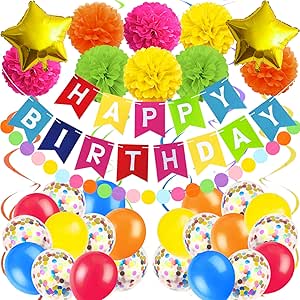 Amazon.com: Birthday Decoration, Happy Birthday Banner, Tissue Paper Pom Poms, Hanging Paper Fan ...