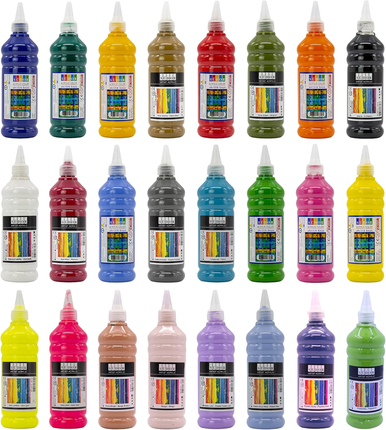 ACRYLIC PAINT SET. 24 Colours each 500 ml. Highly pigmented and opaque ...