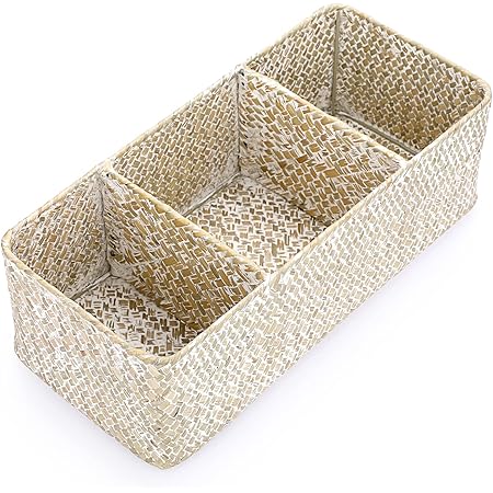 IGNPION 3-compartment Seagrass Storage Basket Woven Seagrass Desktop Basket Rectangular ...