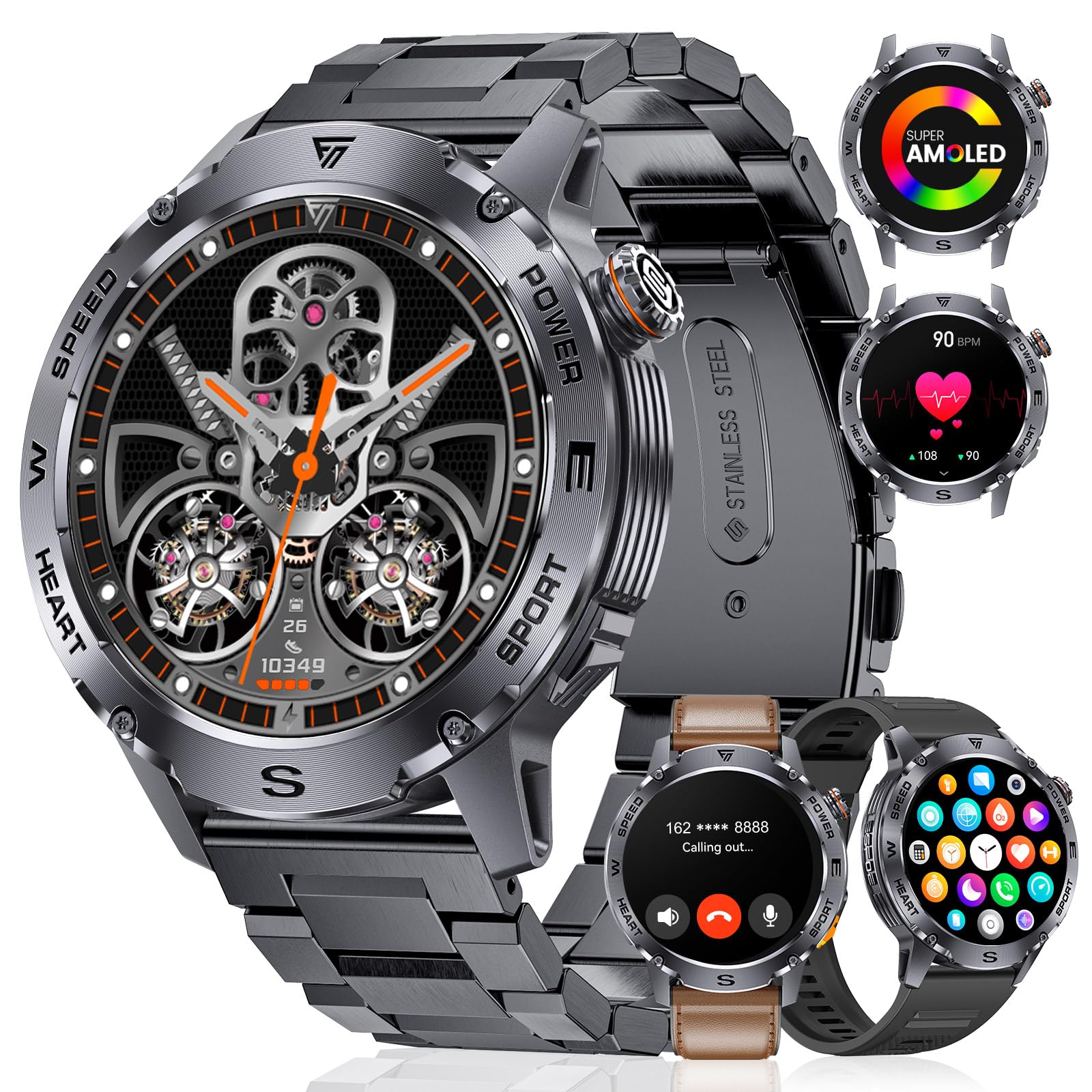 FOXBOX Smartwatch Herren Telefonfunktion 3 Gurte,1.43“ AMOLED Militär ...