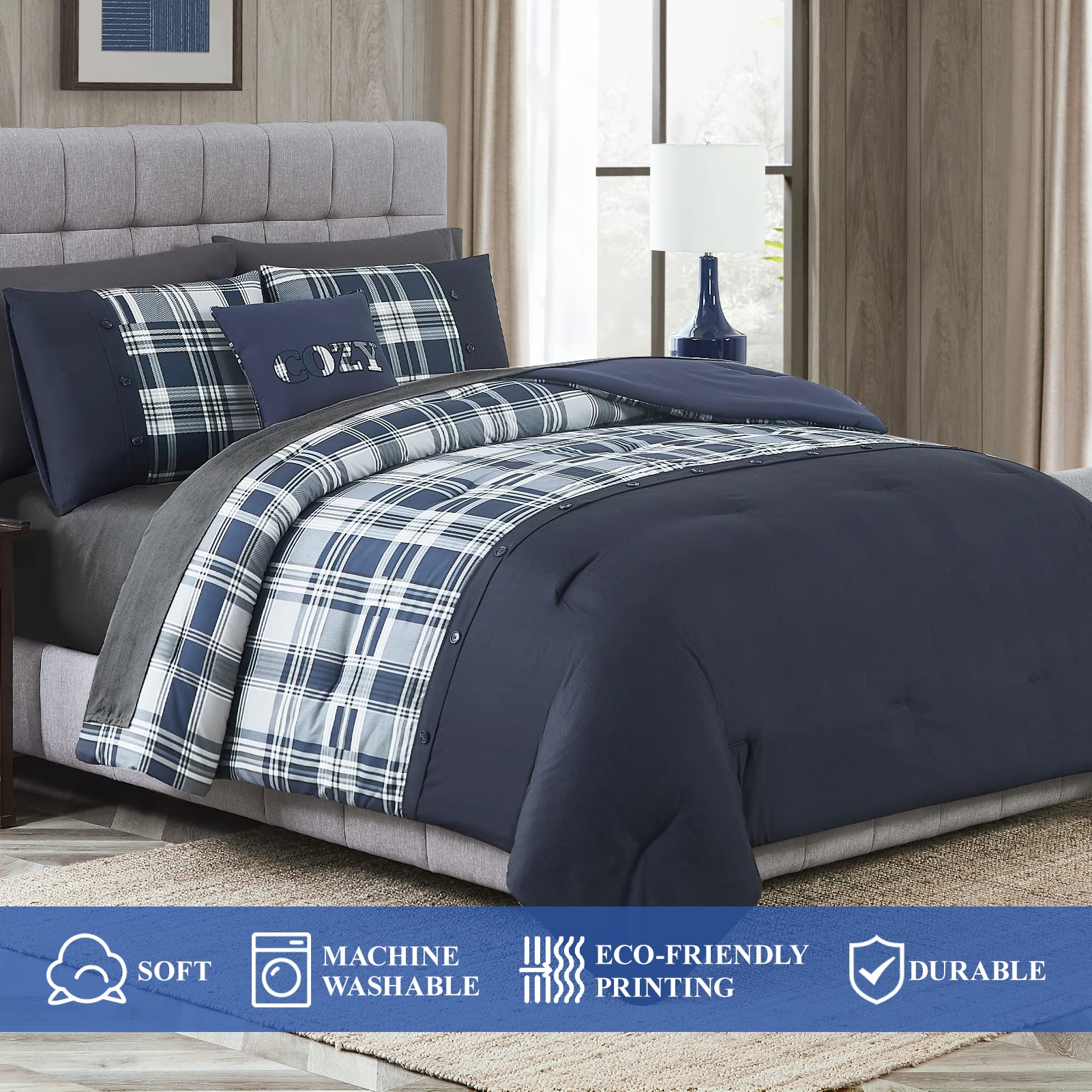 WRENSONGE Plaid Queen Comforter Set, 8 Pieces Blue Printed and Spliced ...