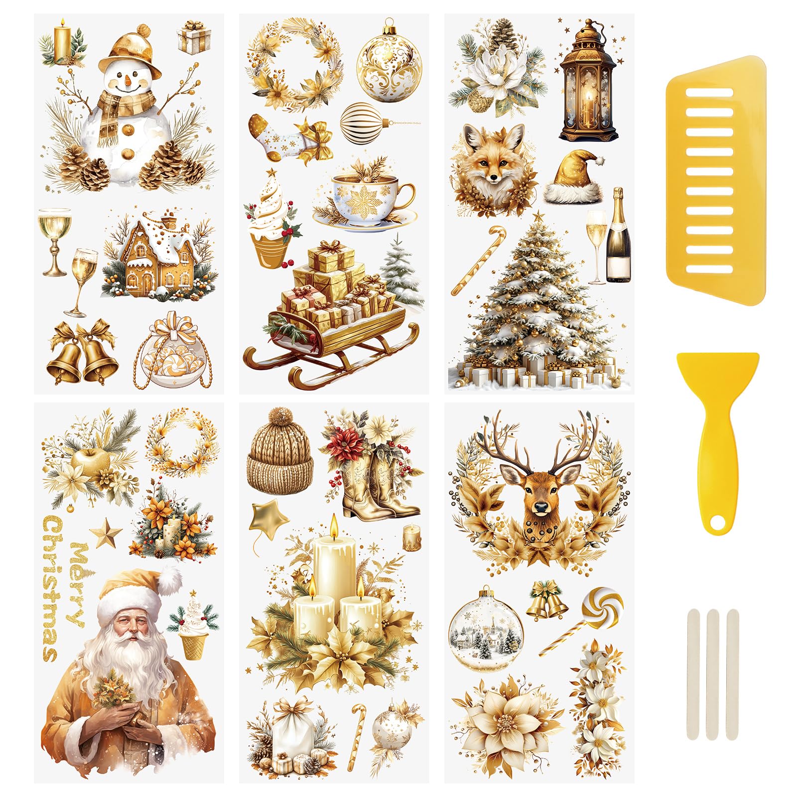Amazon.com: WANDIC 6PCS Christmas Gold Rub On Transfer Sticker, Merry ...
