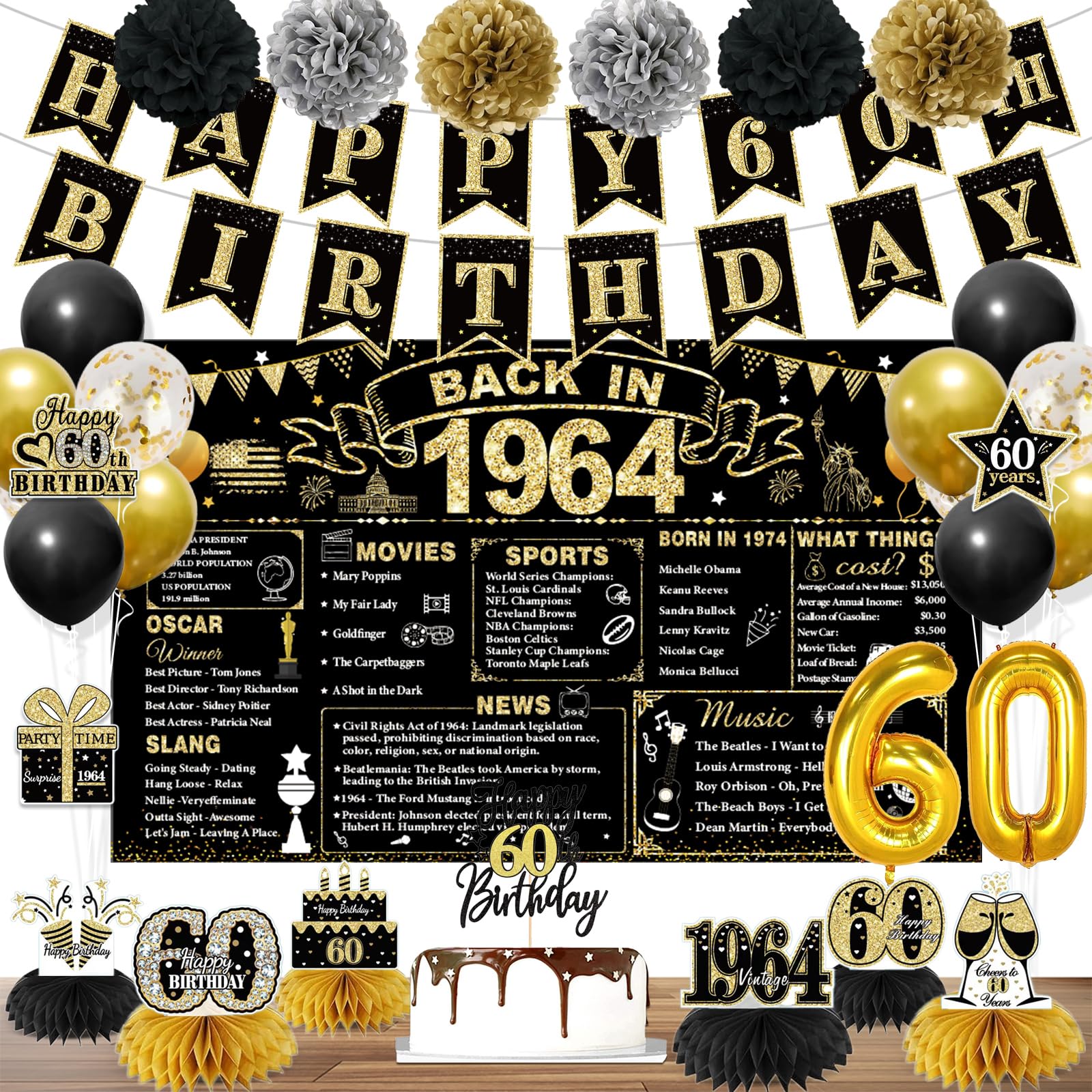 Amazon.com: 60th Birthday Decorations for Men, Black Gold Back In 1964 ...
