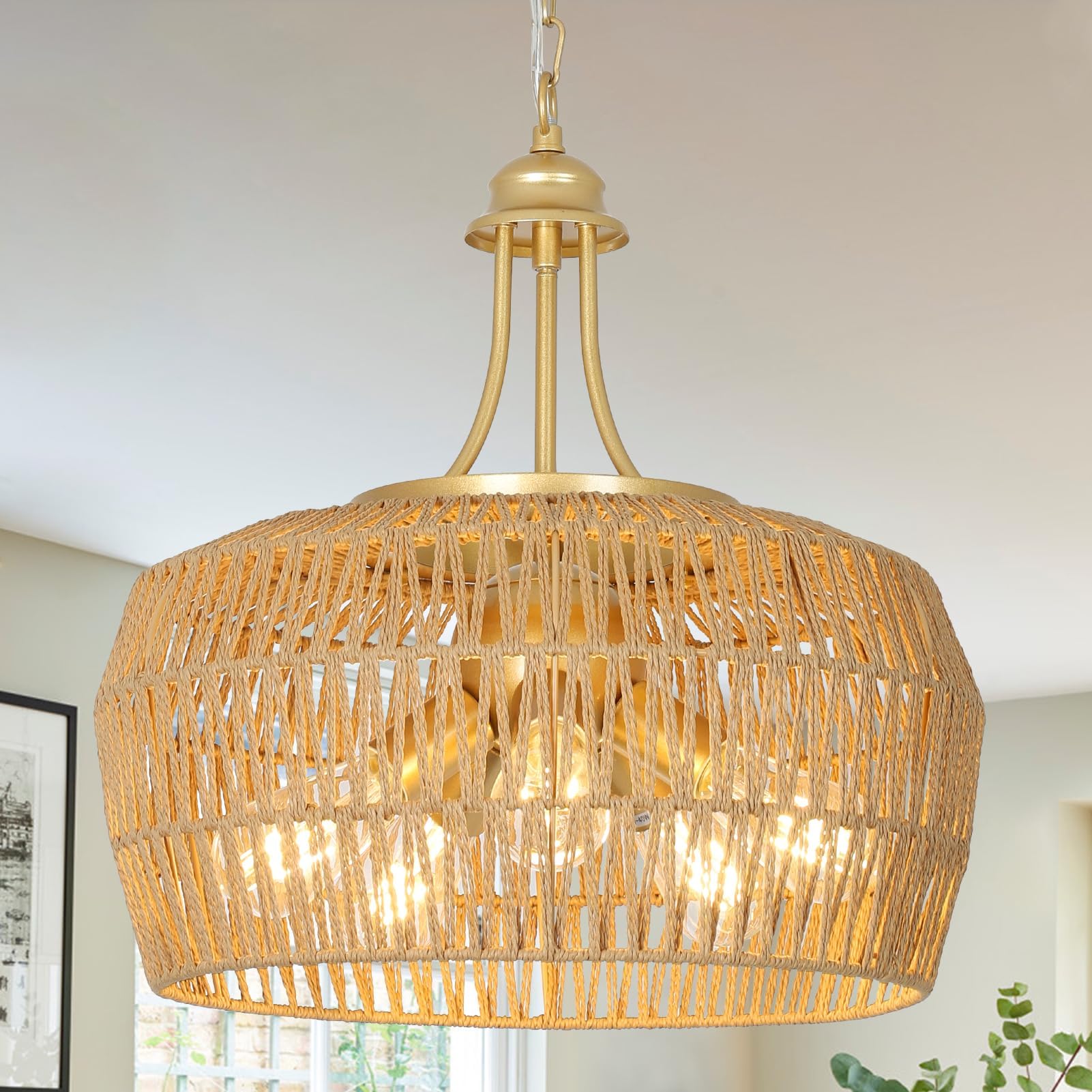 Shining gold Boho 15“ Rattan Chandelier Light Fixture Vintage Farmhouse ...