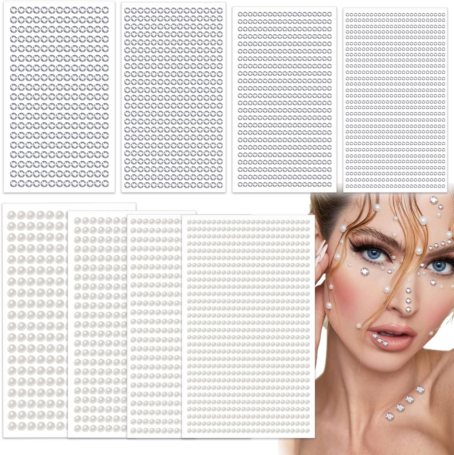 Amazon.com: 3598Pcs Face Hair Rhinestones Pearls Stickers Self Adhesive ...