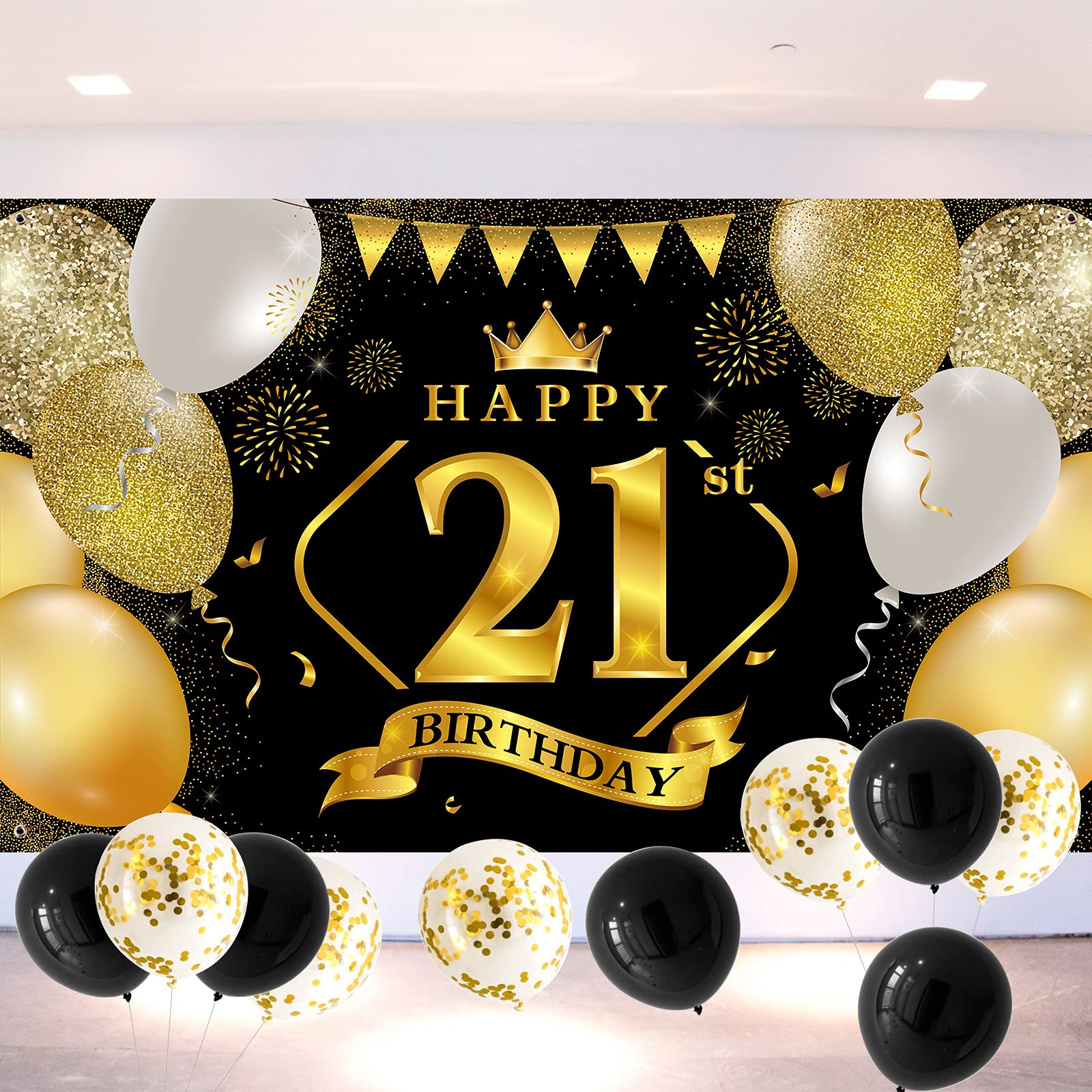 21st Birthday Decoration Backdrop Banner Black Gold Extra Large Happy ...