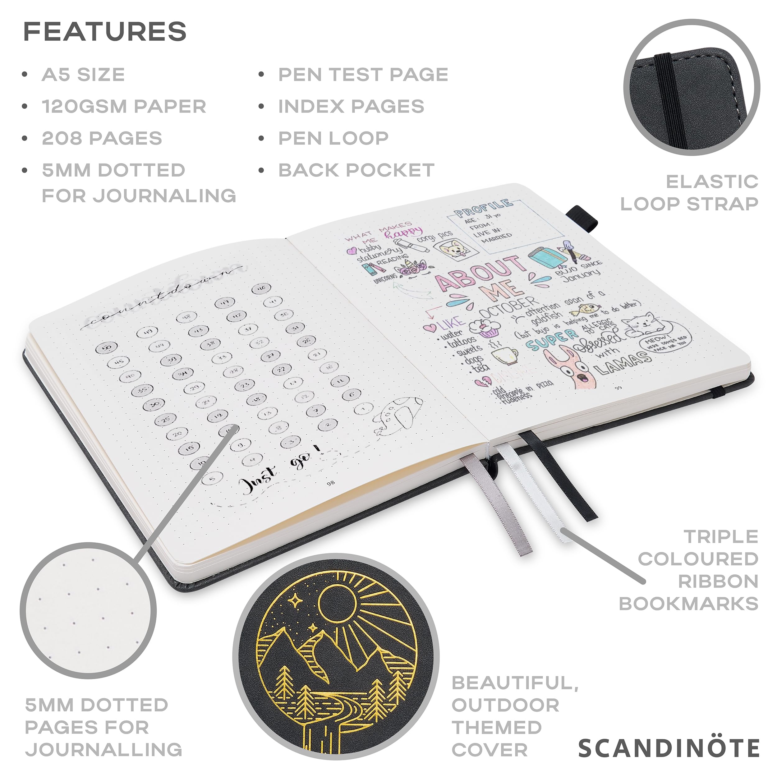 Scandinote A5 Bullet Dotted Journal – Charcoal, 208 Pages, 120gsm Paper ...