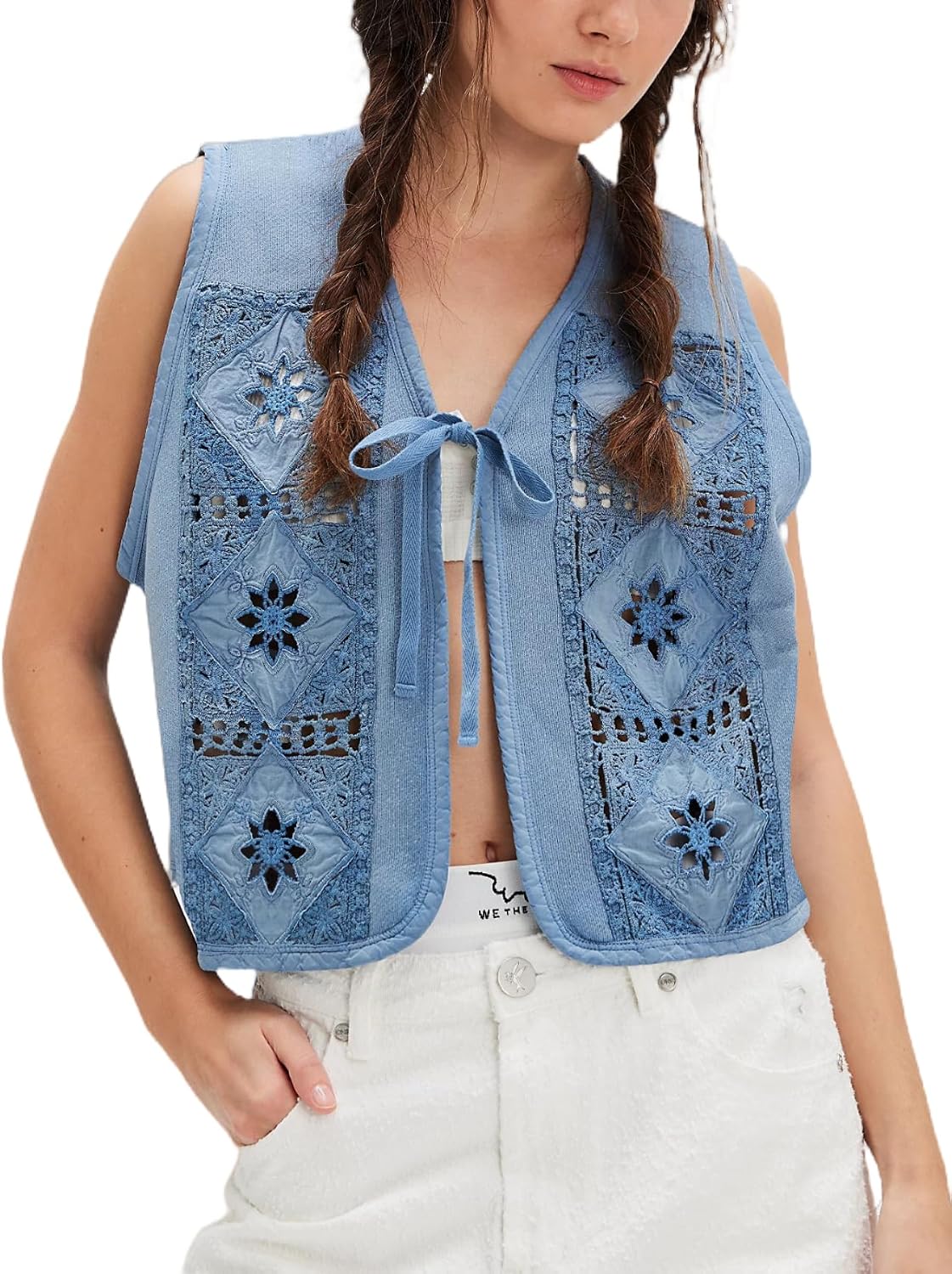 Women Summer Tie Front Vests Y2k Floral Embroidery Eyelet Crop Tank ...