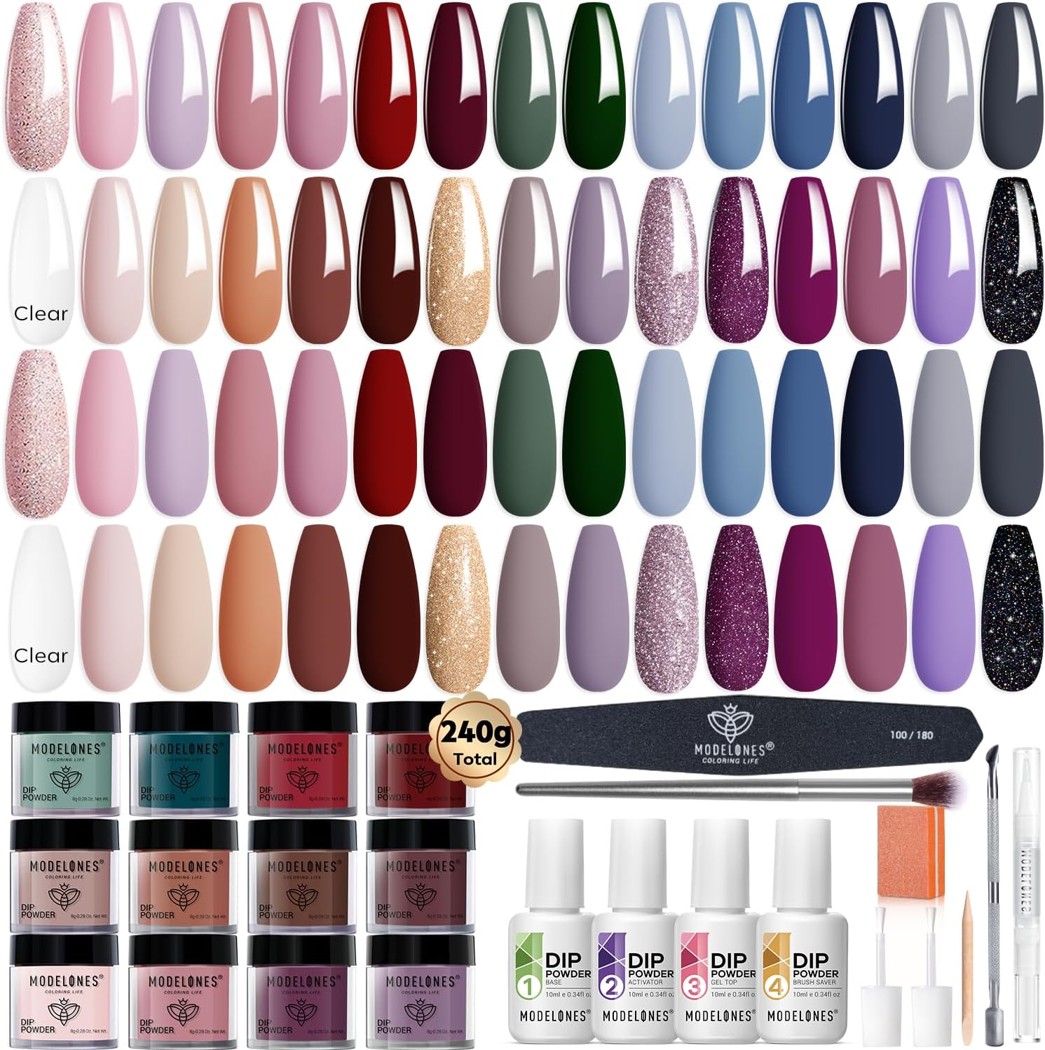 Amazon.com: Modelones 42Pcs Dip Powder Nail Kit Starter, 30 Colors Burgundy Red Green Blue ...